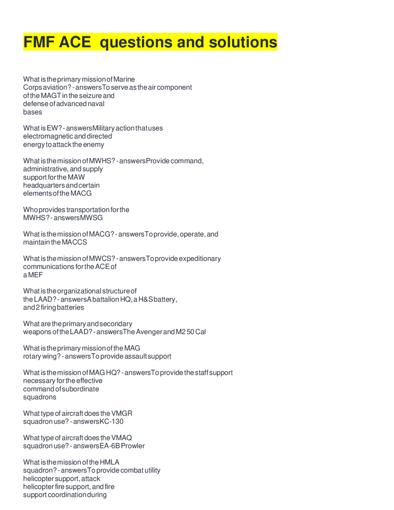 FMF ACE questions and solutions.pdf | Exams Nursing | Docsity