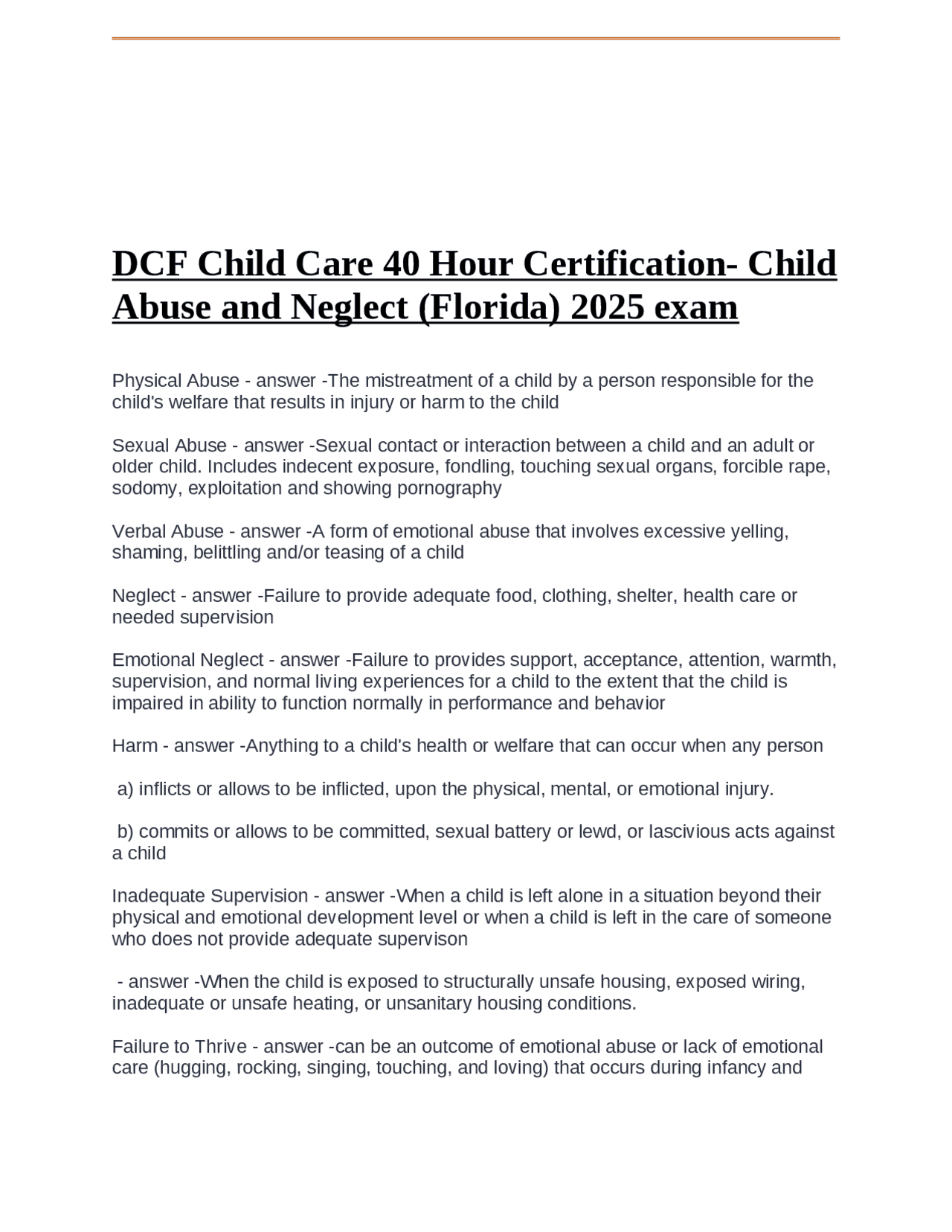 DCF Child Care 40 Hour Certification- Child Abuse and Neglect (Florida ...