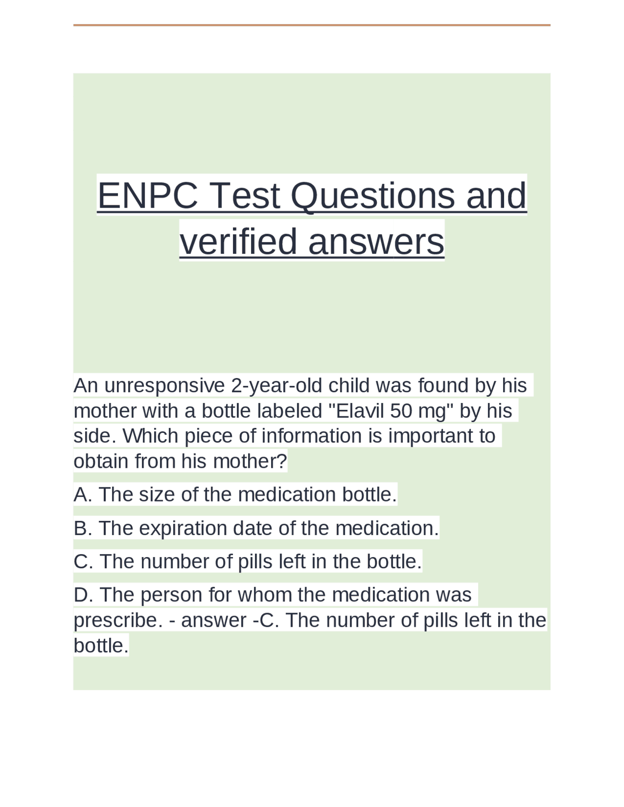 ENPC Test Questions and verified answers.docx | Exams Nursing | Docsity