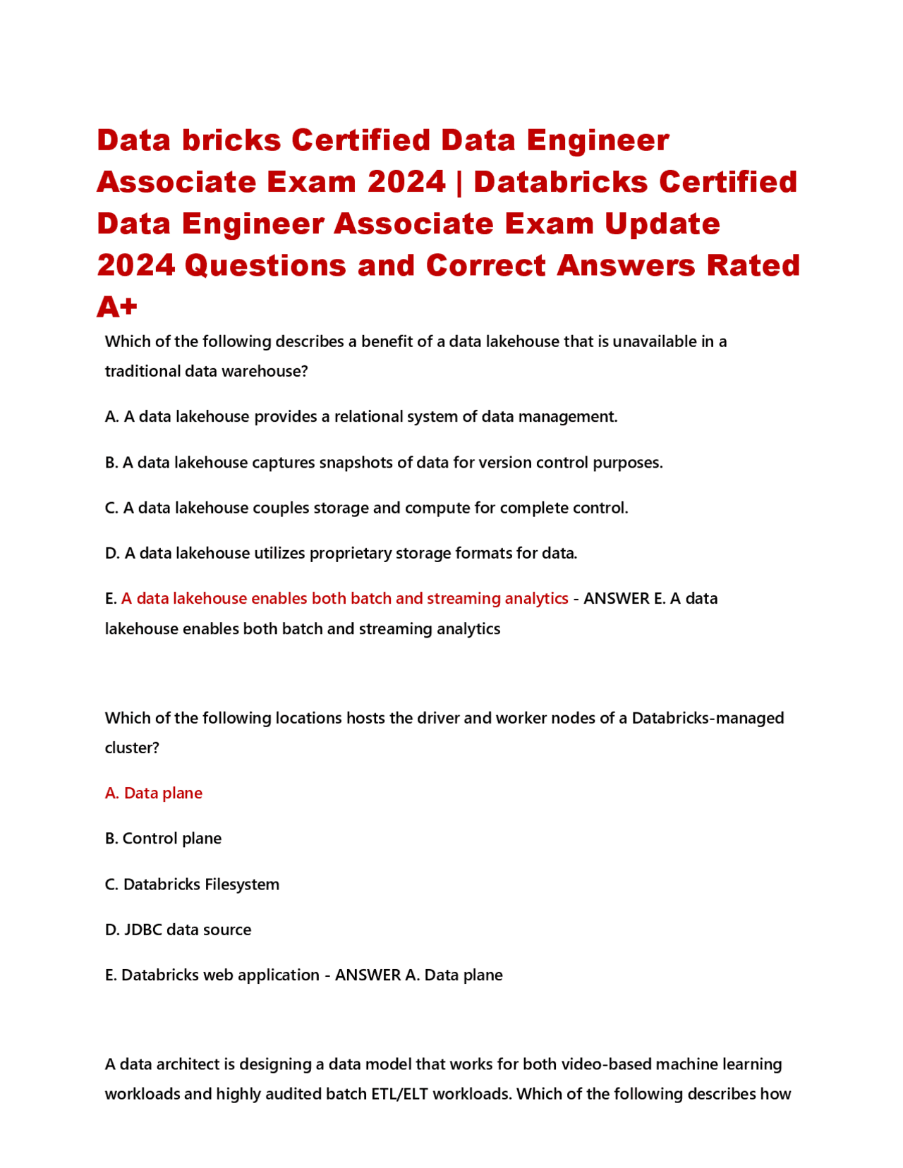 Data bricks Certified Data Engineer Associate Exam 2024 | Databricks ...