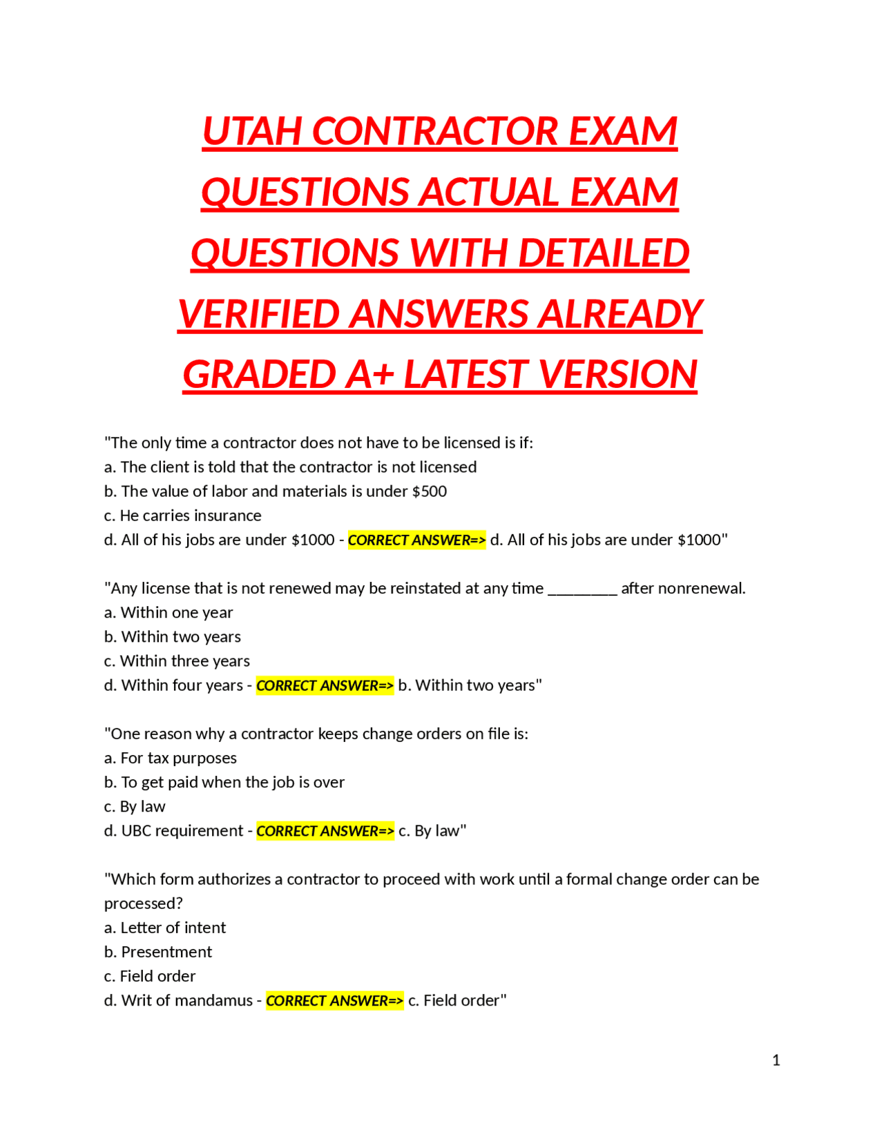 UTAH CONTRACTOR EXAM QUESTIONS ACTUAL EXAM QUESTIONS WITH DETAILED ...