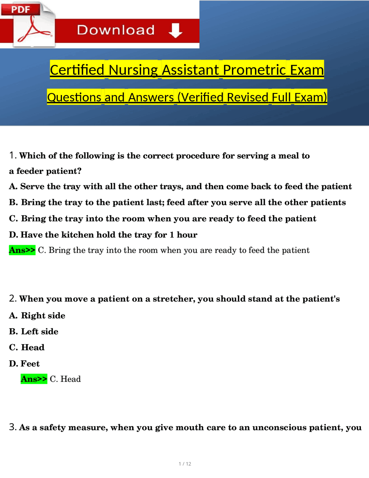 CNA Prometric Exam Questions and Answers 100% Correct | Exams Nursing ...