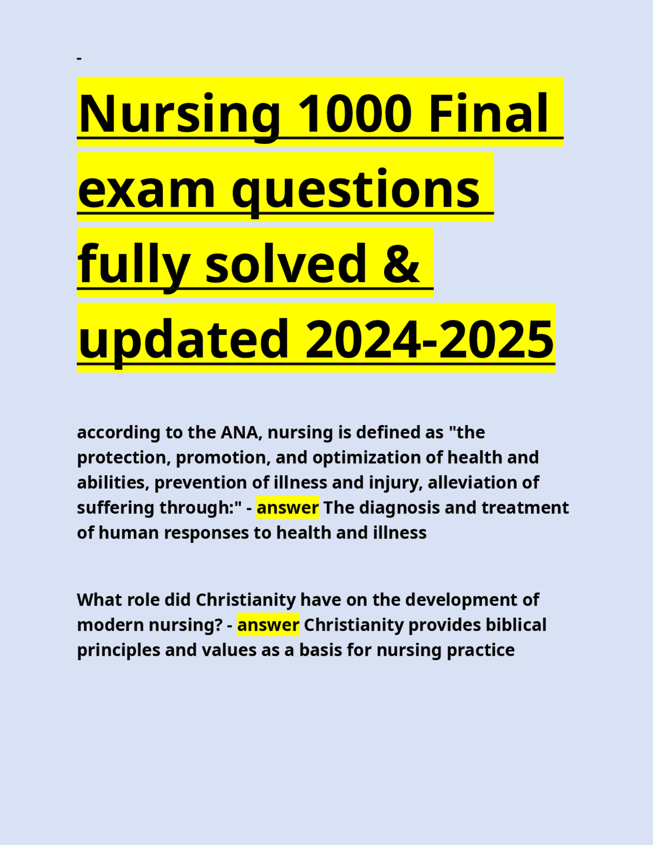 Nursing 1000 Final exam questions fully solved & updated 2024-2025.docx ...