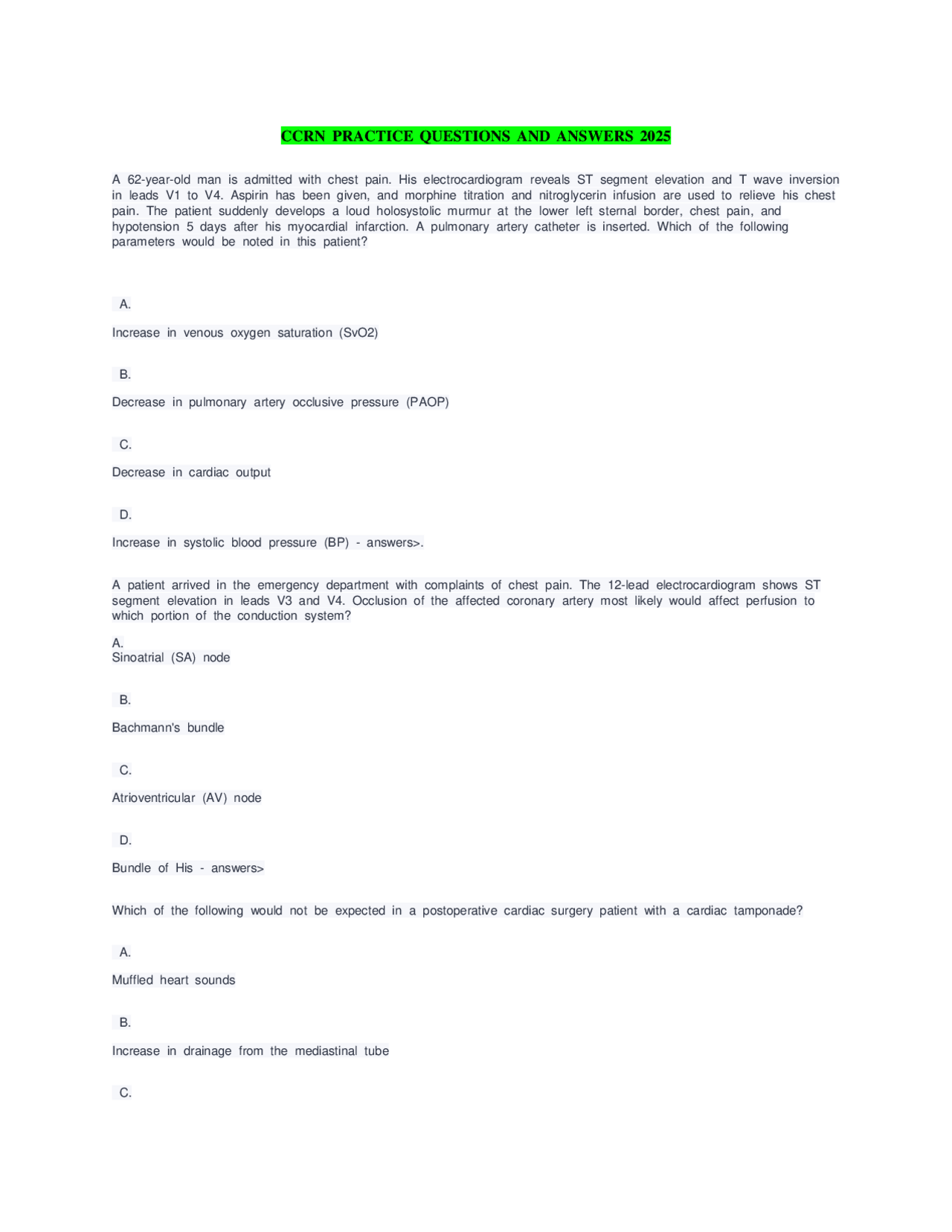 CCRN PRACTICE QUESTIONS AND ANSWERS 2025 | Exams Nursing | Docsity