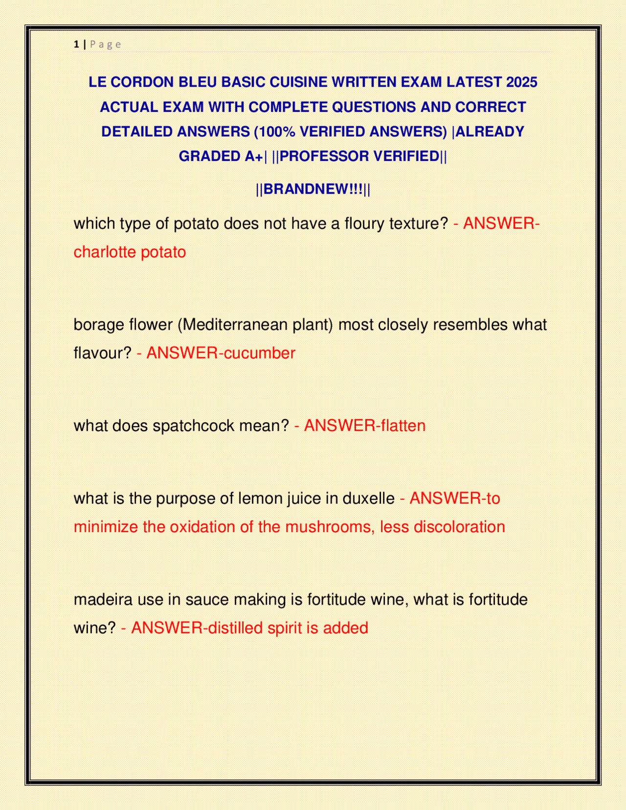 LE CORDON BLEU BASIC CUISINE WRITTEN EXAM LATEST 2025 ACTUAL EXAM WITH ...