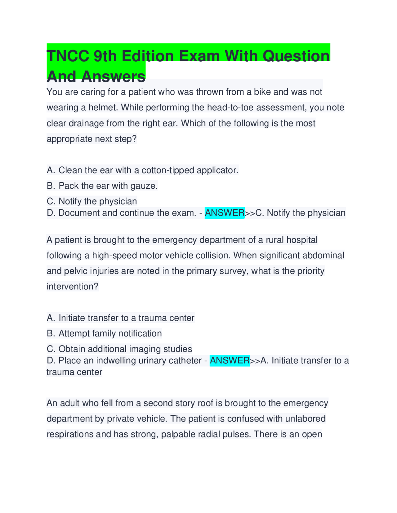 TNCC 9th Edition Exam With Question And Answers 2025 UPDATED | Exams ...