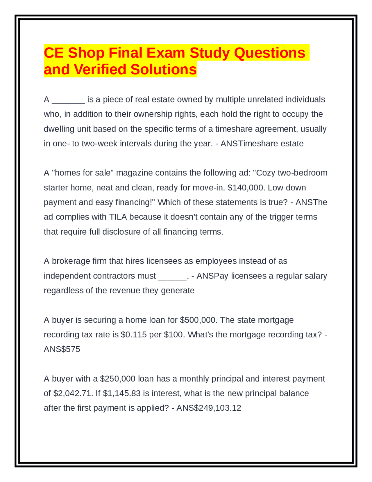 CE Shop Final Exam Study Questions and Verified Solutions | Exams Real ...