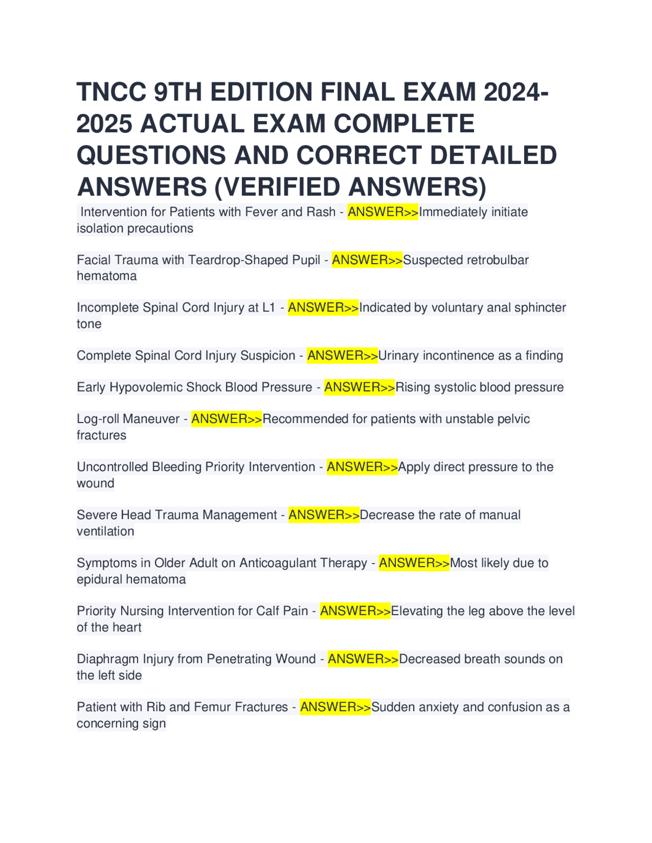 TNCC 9TH EDITION FINAL EXAM 2024- 2025 ACTUAL EXAM COMPLETE QUESTIONS ...
