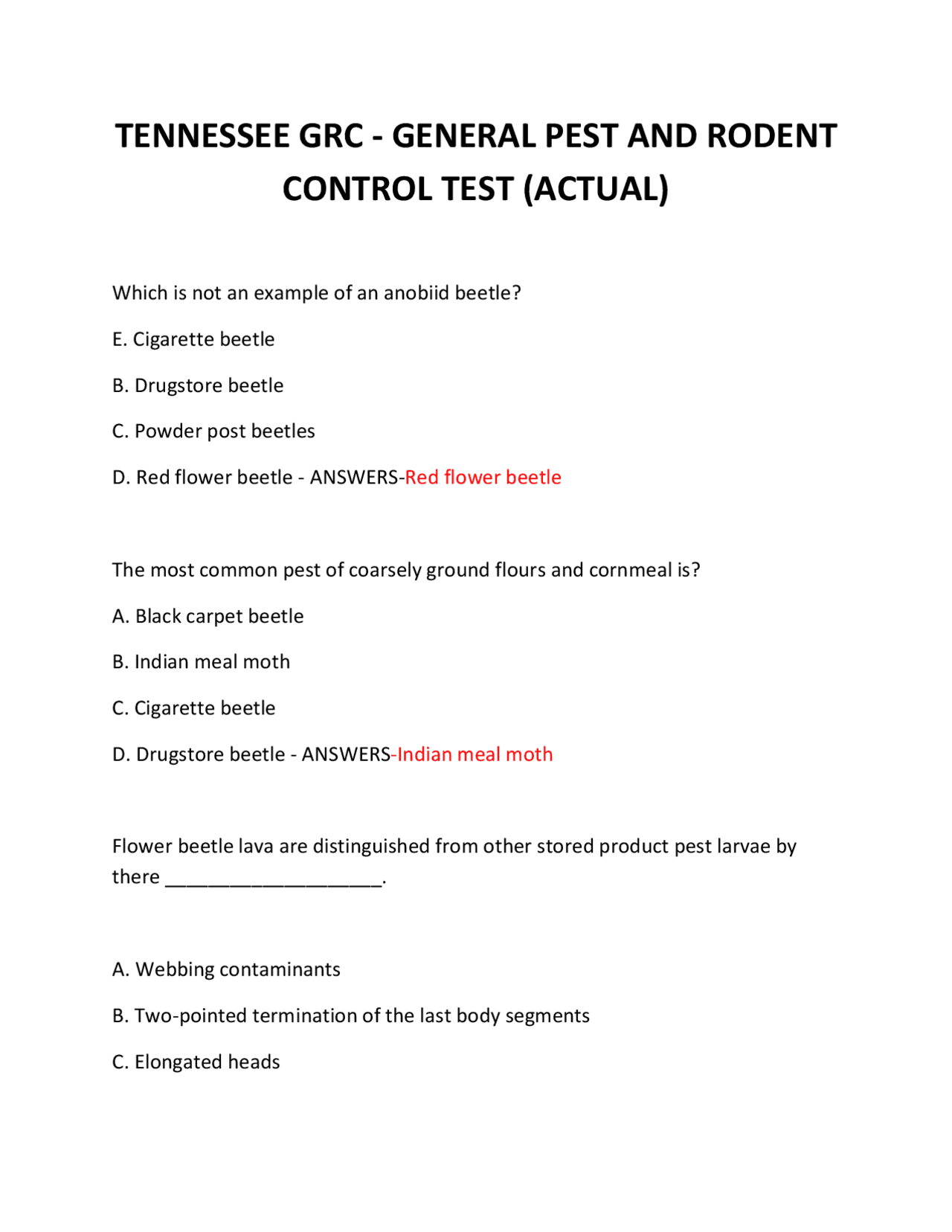 TENNESSEE GRC - GENERAL PEST AND RODENT CONTROL TEST (ACTUAL)QUESTIONS ...