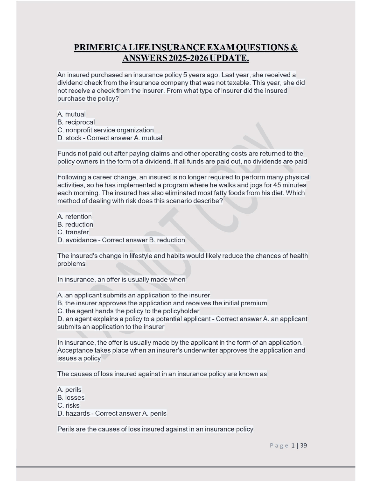 PRIMERICA LIFE INSURANCE EXAM QUESTIONS & ANSWERS 2025-2026 UPDATE ...