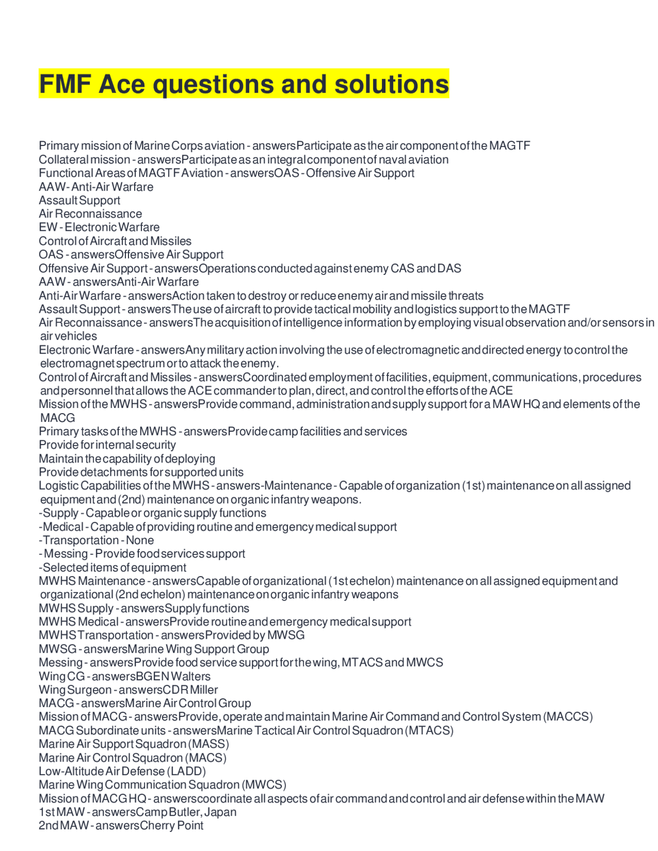 FMF Ace questions and solutions.pdf | Exams Nursing | Docsity