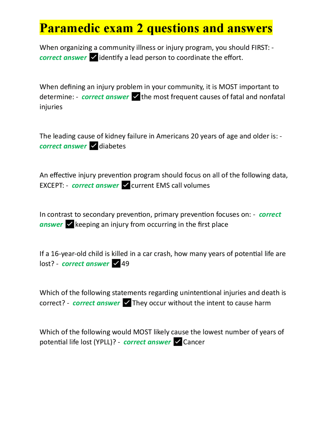Paramedic exam 2 questions and answers. | Exams Nursing | Docsity