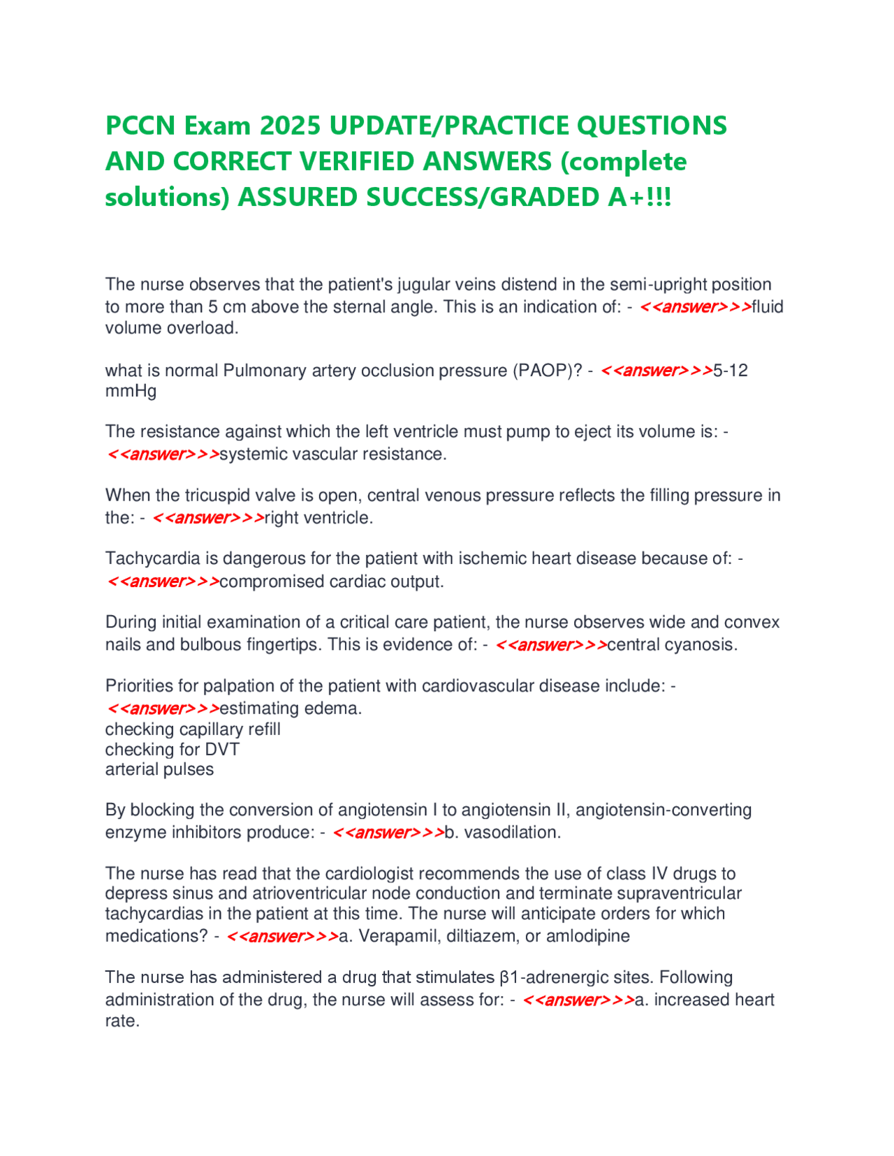 PCCN Exam 2025 UPDATE/PRACTICE QUESTIONS AND CORRECT VERIFIED ANSWERS ...