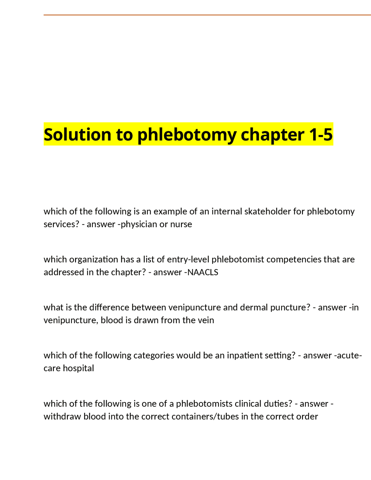 Solution to phlebotomy chapter 1-5.docx | Exams Nursing | Docsity