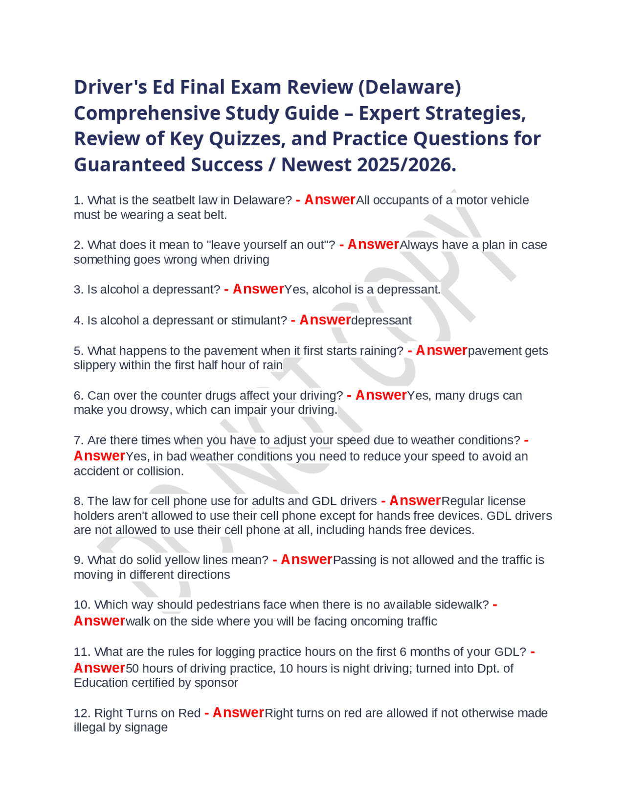 Driver's Ed Final Exam Review (Delaware) Comprehensive Study Guide ...