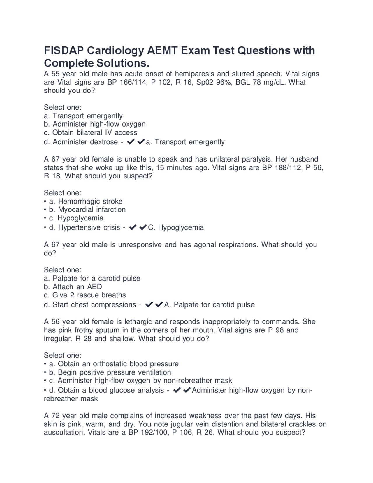 FISDAP Cardiology AEMT Exam Test Questions with Complete Solutions ...