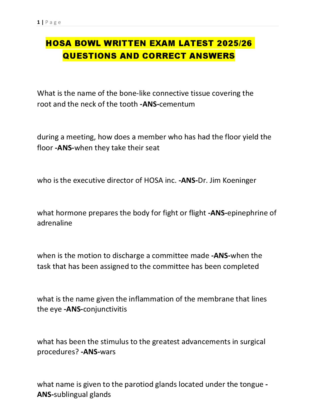 HOSA BOWL WRITTEN EXAM | Exams Nursing | Docsity