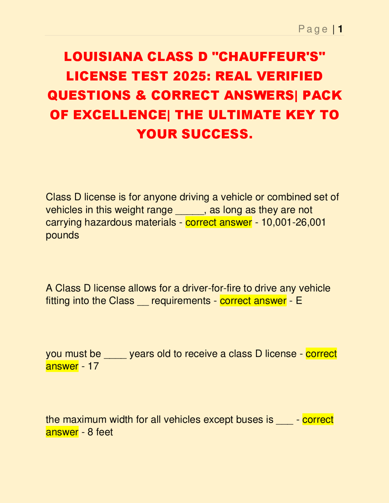 LOUISIANA CLASS D "CHAUFFEUR'S" LICENSE TEST 2025: REAL VERIFIED ...