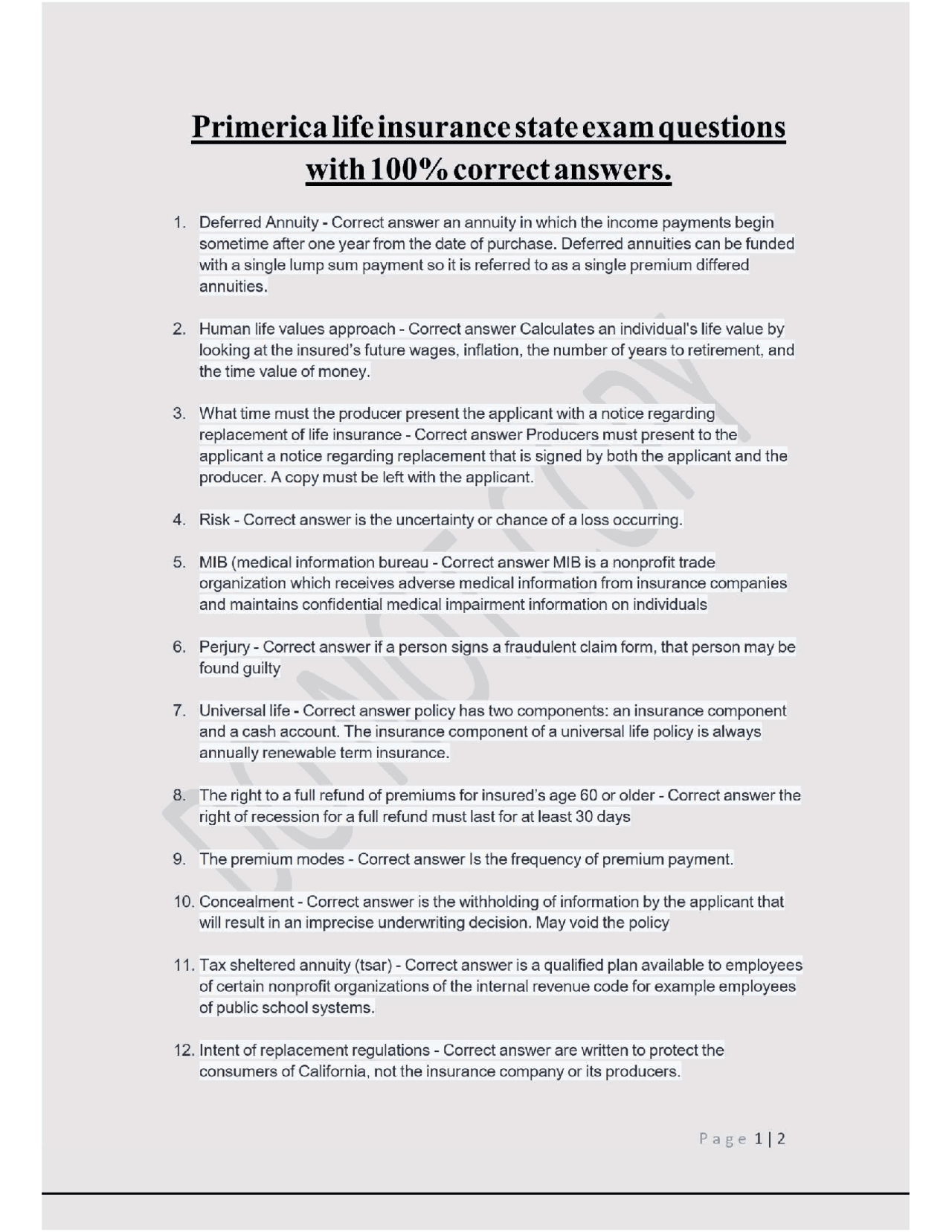 Primerica life insurance state exam questions with 100% correct answers ...