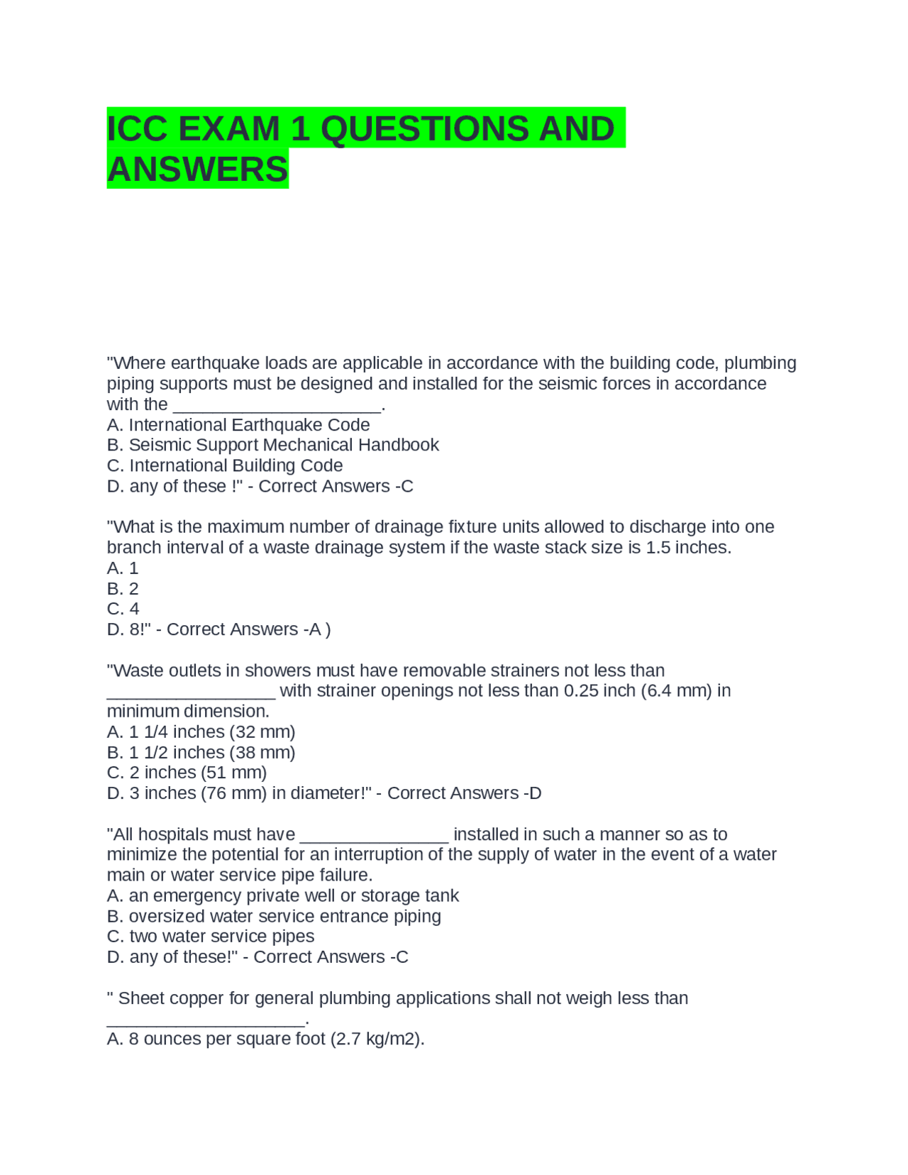 ICC EXAM 1 QUESTIONS AND ANSWERS | GRADED A | Exams Advanced Education ...