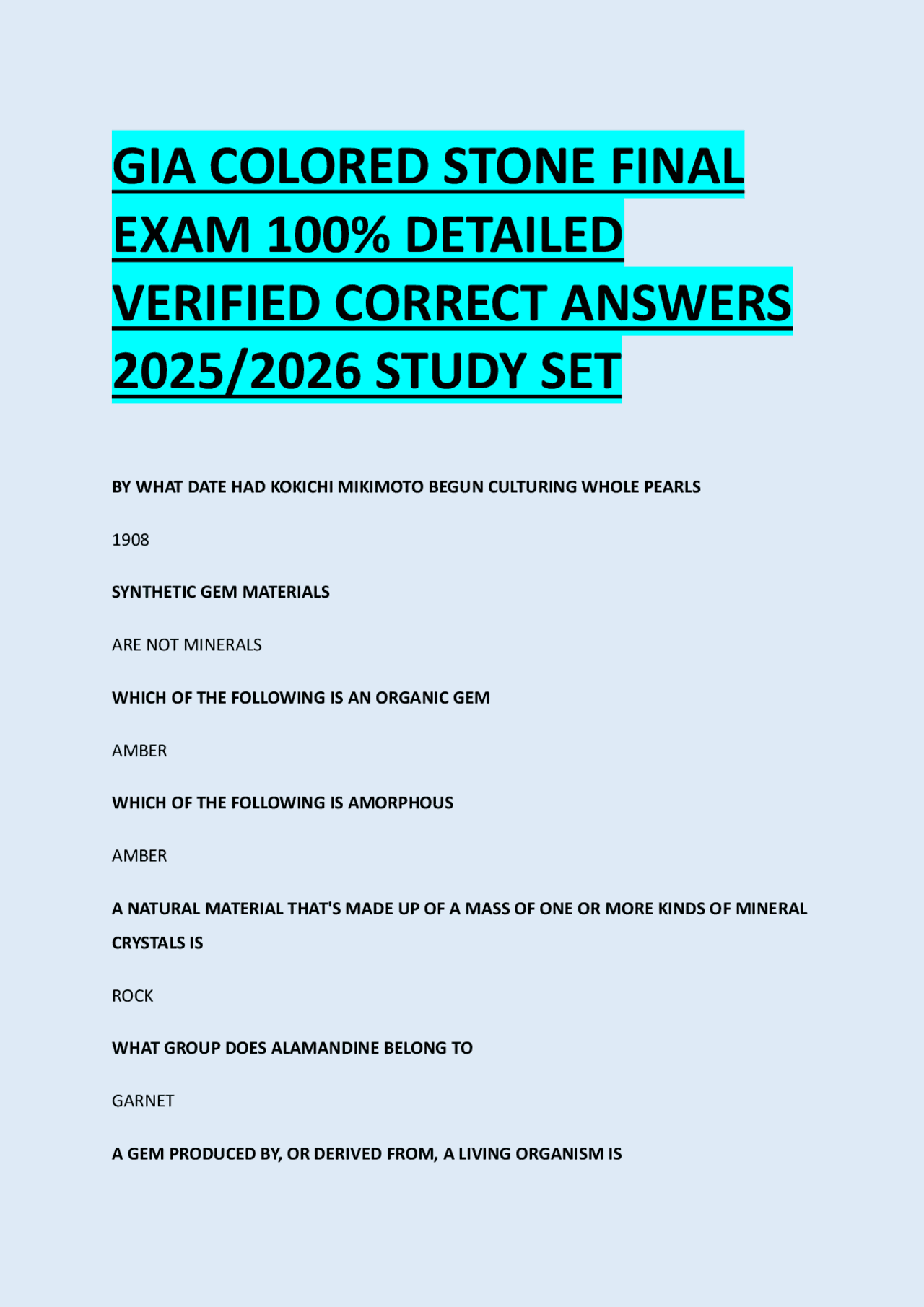 GIA COLORED STONE FINAL EXAM 100% DETAILED VERIFIED CORRECT ANSWERS ...