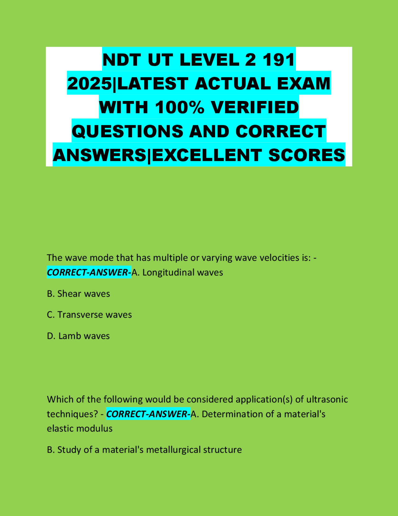 NDT UT LEVEL 2 191 2025|LATEST ACTUAL EXAM WITH 100% VERIFIED QUESTIONS ...