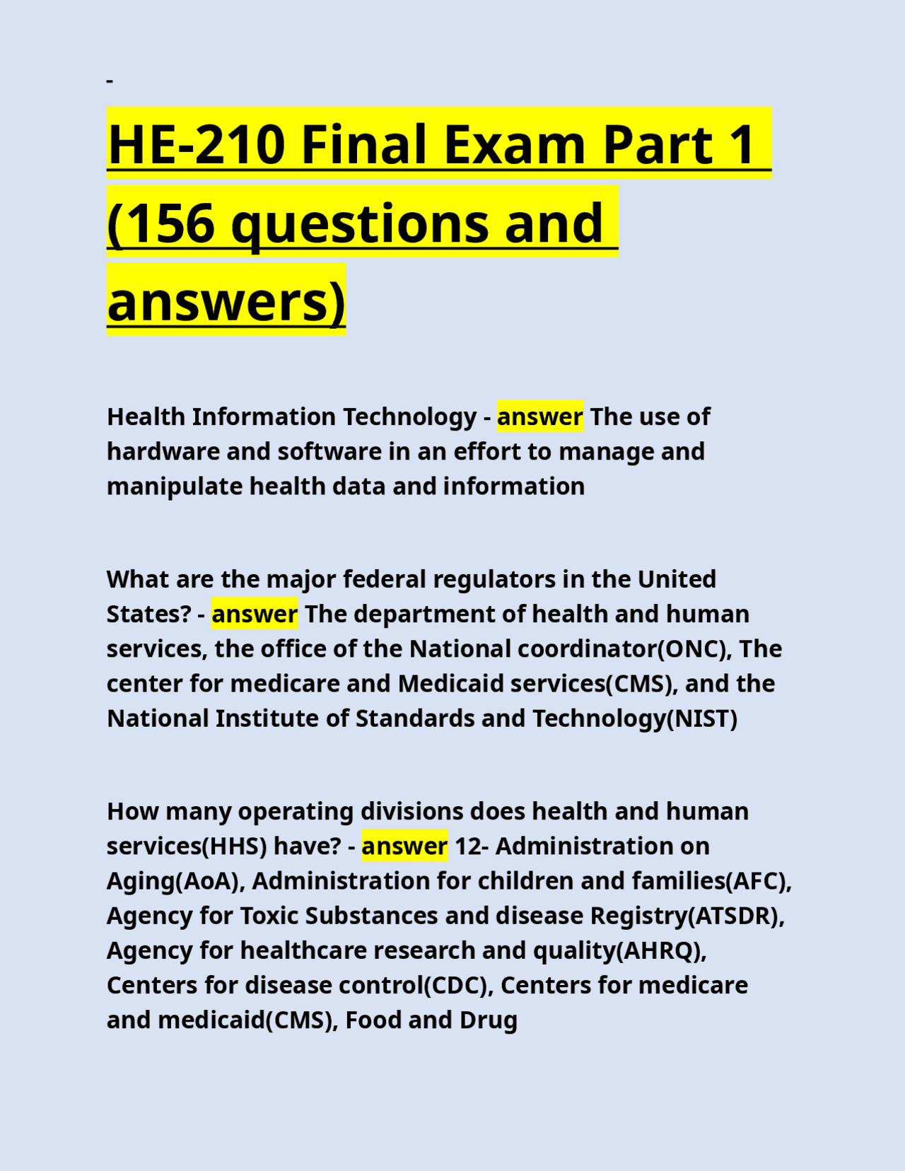 HE-210 Final Exam Part 1 (156 questions and answers) | Exams Biology ...