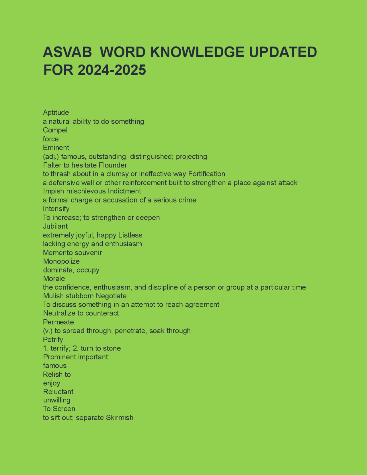 ASVAB WORD KNOWLEDGE UPDATED FOR 2024-2025 | Exams Health sciences ...