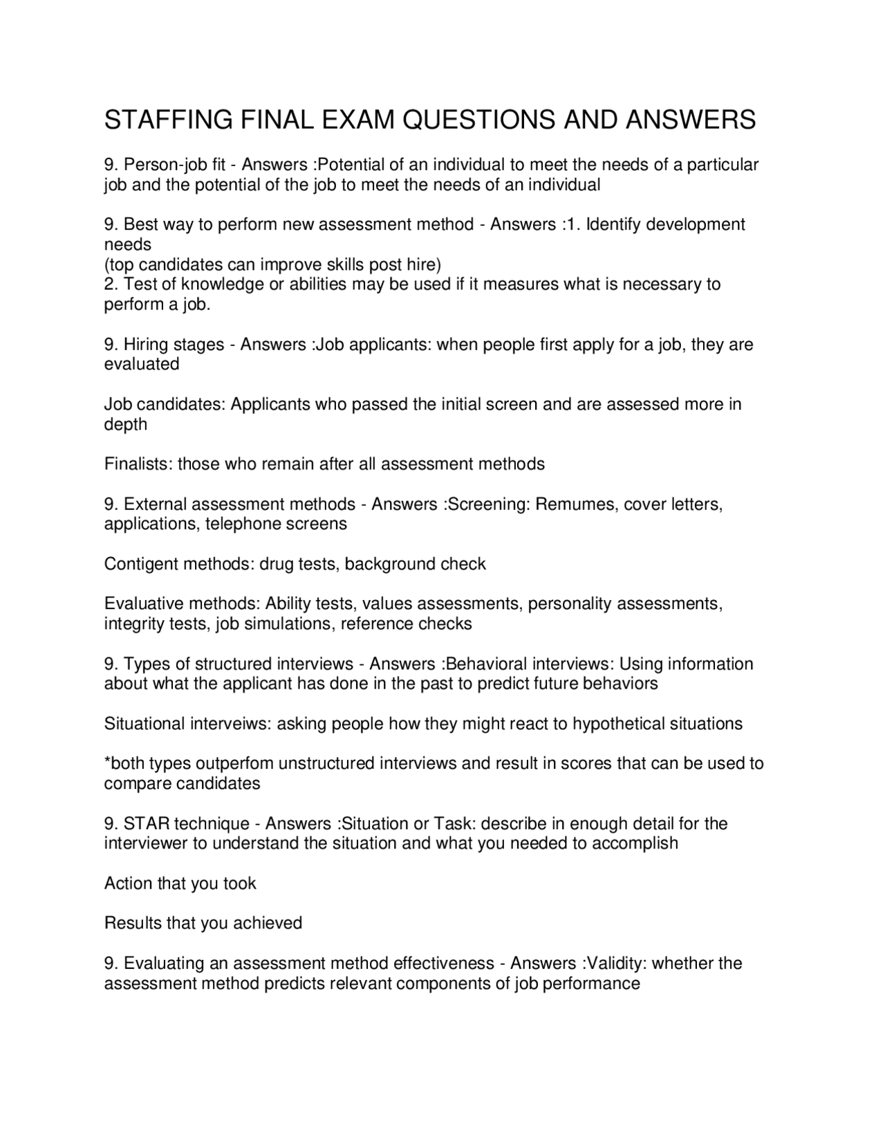 STAFFING FINAL EXAM QUESTIONS AND ANSWERS | Exams Social Sciences | Docsity