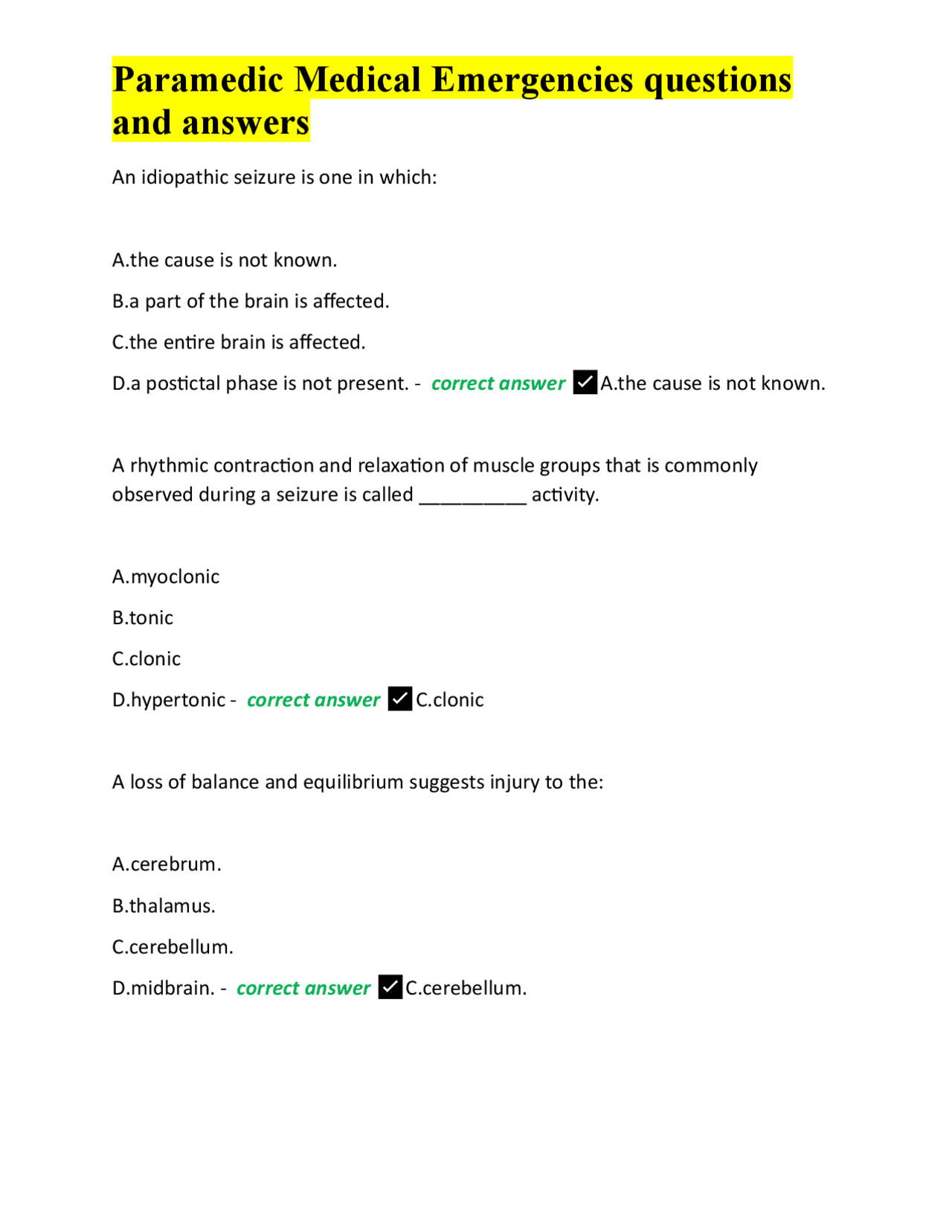 Paramedic Medical Emergencies questions and answers | Exams Nursing ...