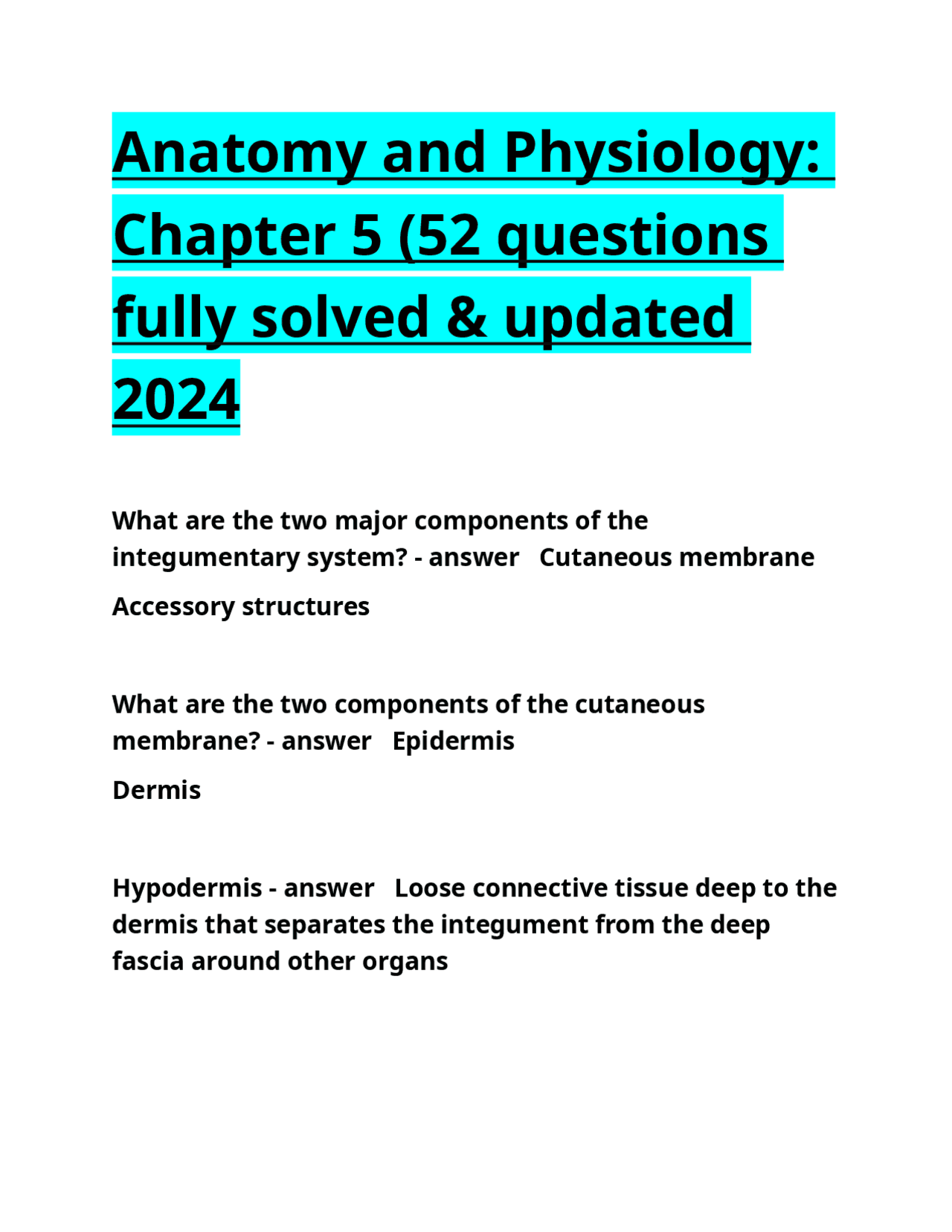 Anatomy And Physiology Chapter 5 52 Questions Fully Solved Updated