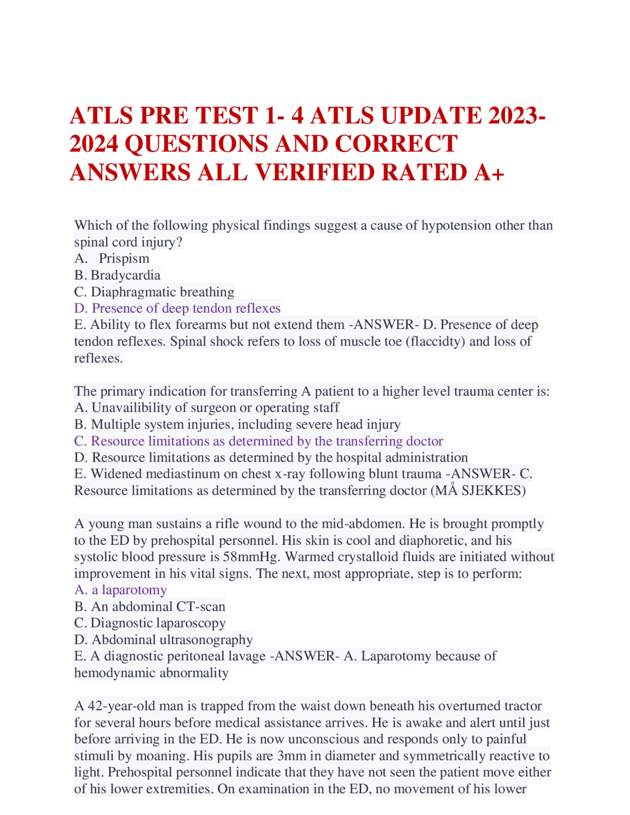 ATLS PRE TEST 1- 4 ATLS UPDATE 2023 2024 QUESTIONS AND CORRECT ANSWERS ...