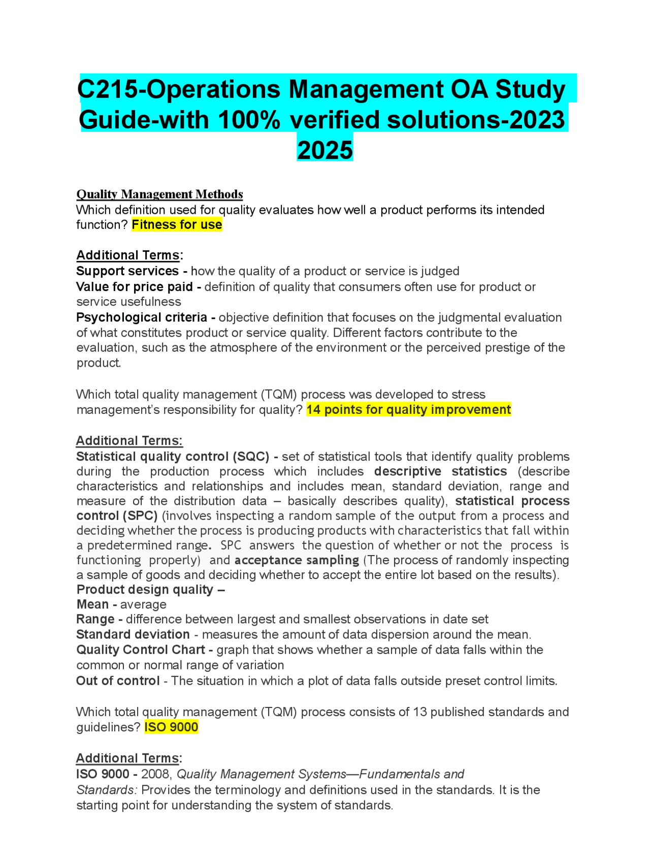 C215-Operations Management OA Study Guide-with 100% verified solutions ...