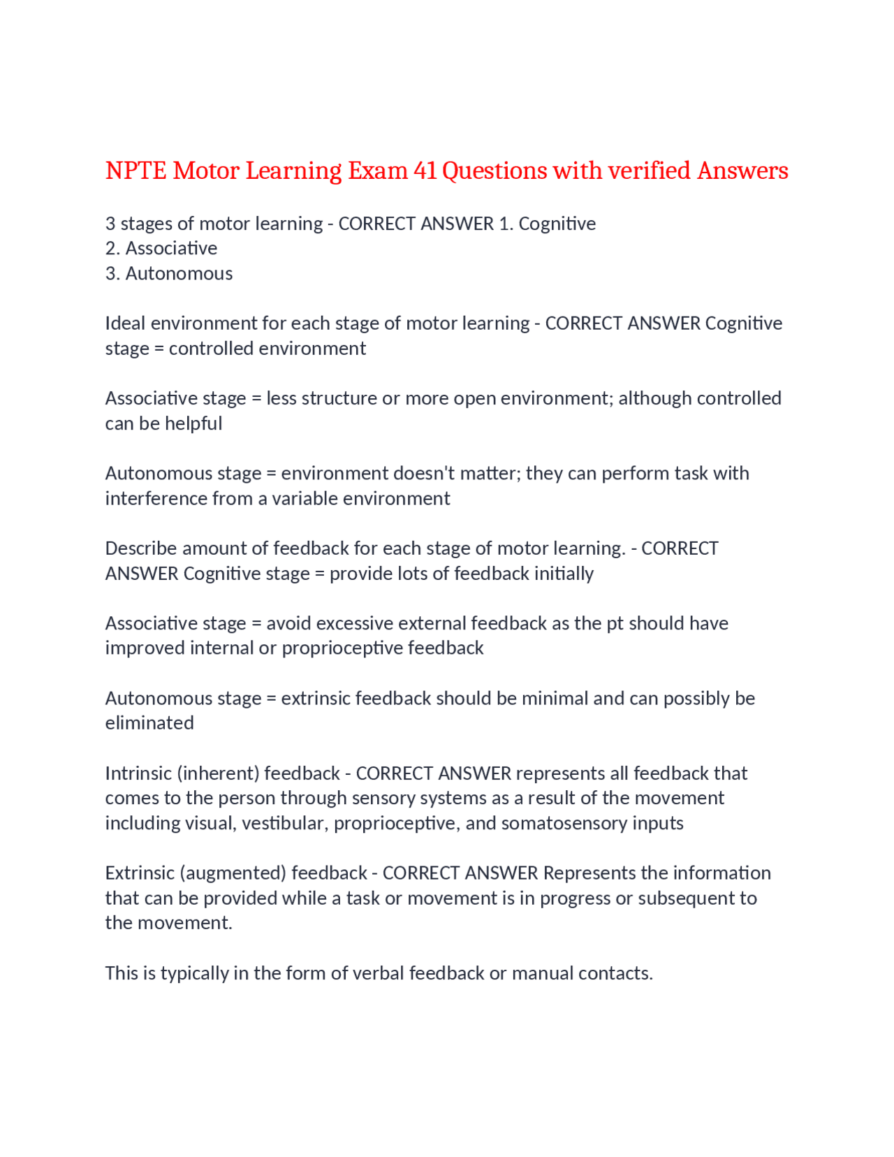 NPTE Motor Learning Exam 41 Questions with verified Answers,100%CORRECT ...