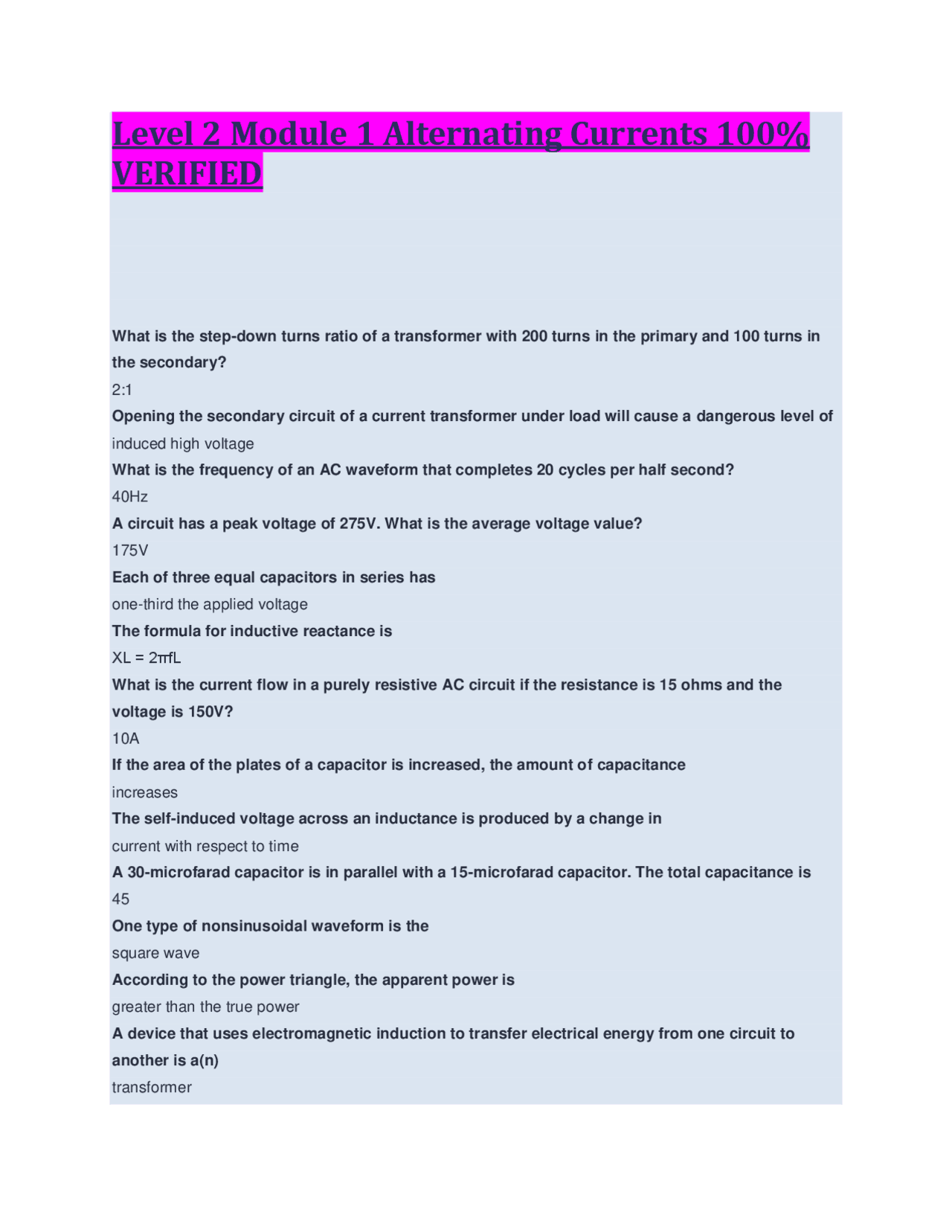 Level 2 Module 1 Alternating Currents 100% VERIFIED | Exams Physics ...