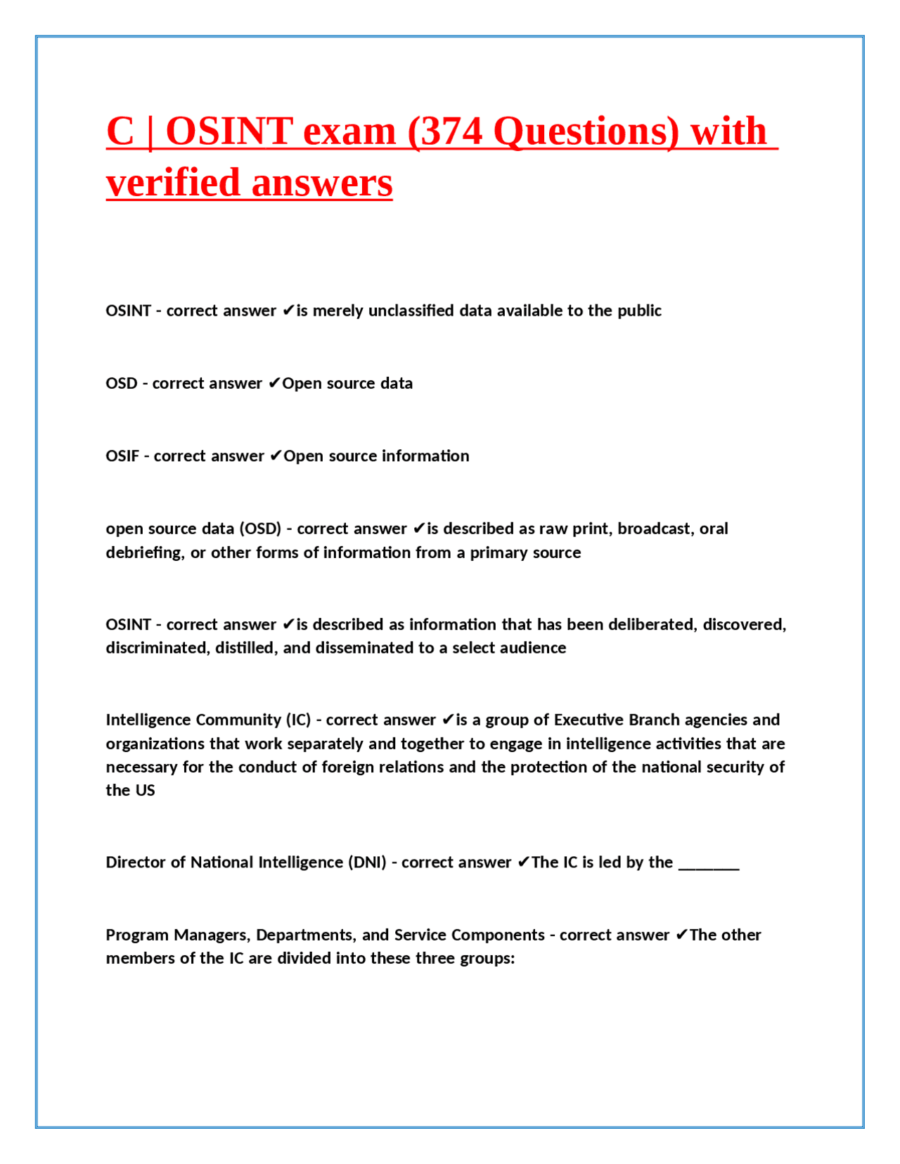 C OSINT exam (374 Questions) with verified answers | Exams Nursing ...