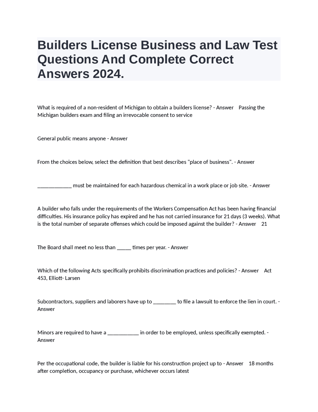 Builders License Business and Law Test Questions And Complete Correct ...