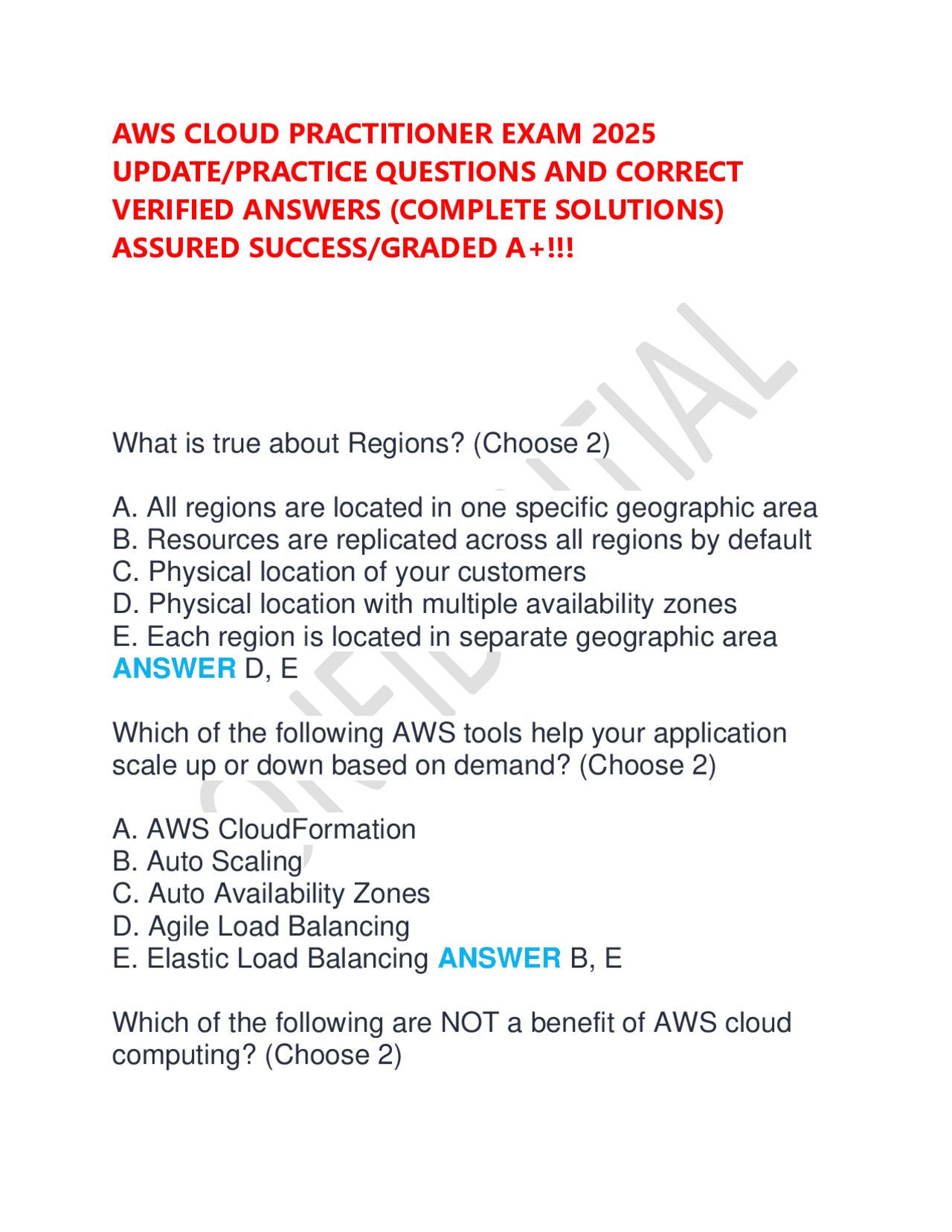 AWS CLOUD PRACTITIONER EXAM 2025 UPDATE/PRACTICE QUESTIONS AND CORRECT ...