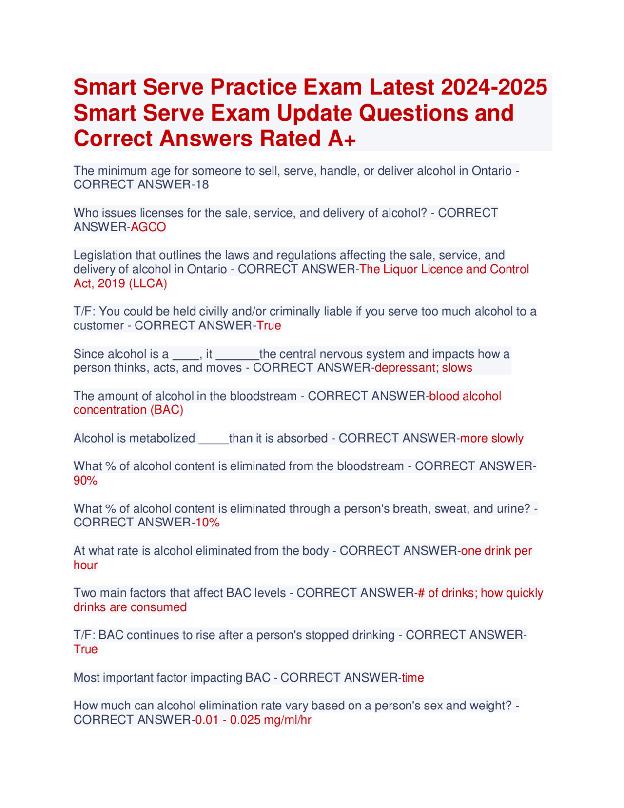 Smart Serve Practice Exam Latest 2024-2025 Smart Serve Exam Update ...