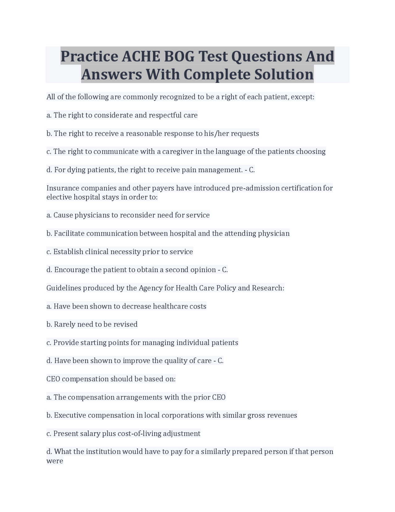 Practice ACHE BOG Test Questions And Answers With Complete Solution ...