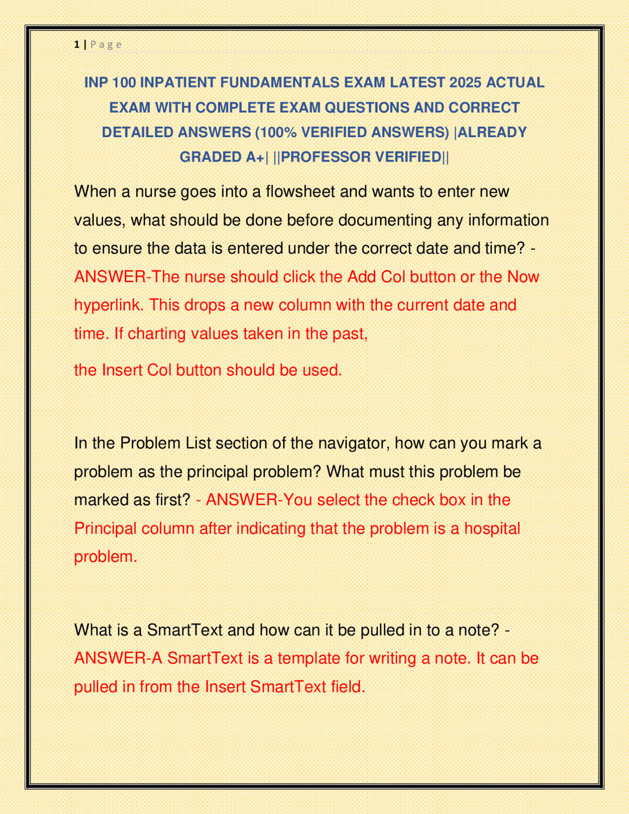 INP 100 INPATIENT FUNDAMENTALS EXAM LATEST 2025 ACTUAL EXAM WITH ...