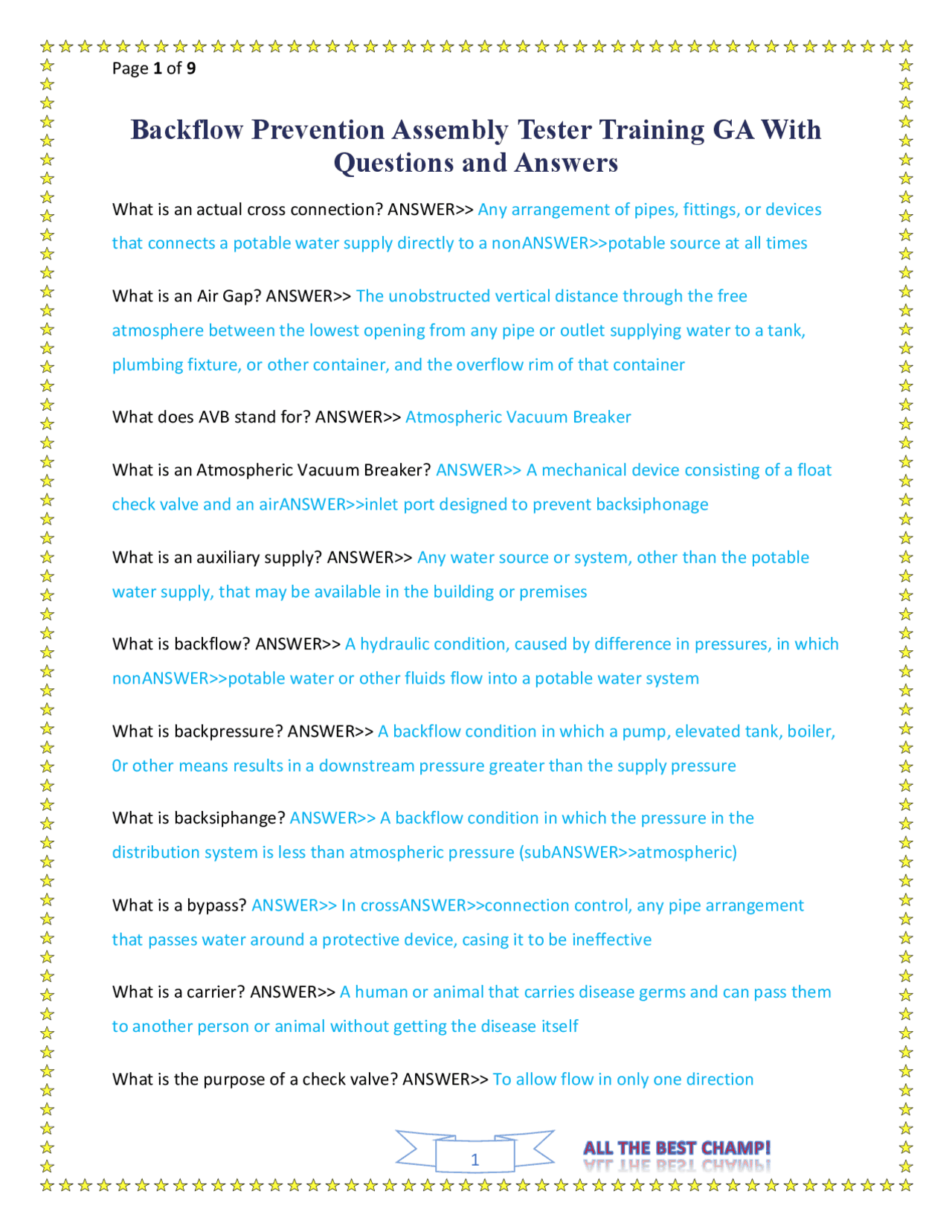 Backflow Prevention Assembly Tester Training GA With Questions and ...