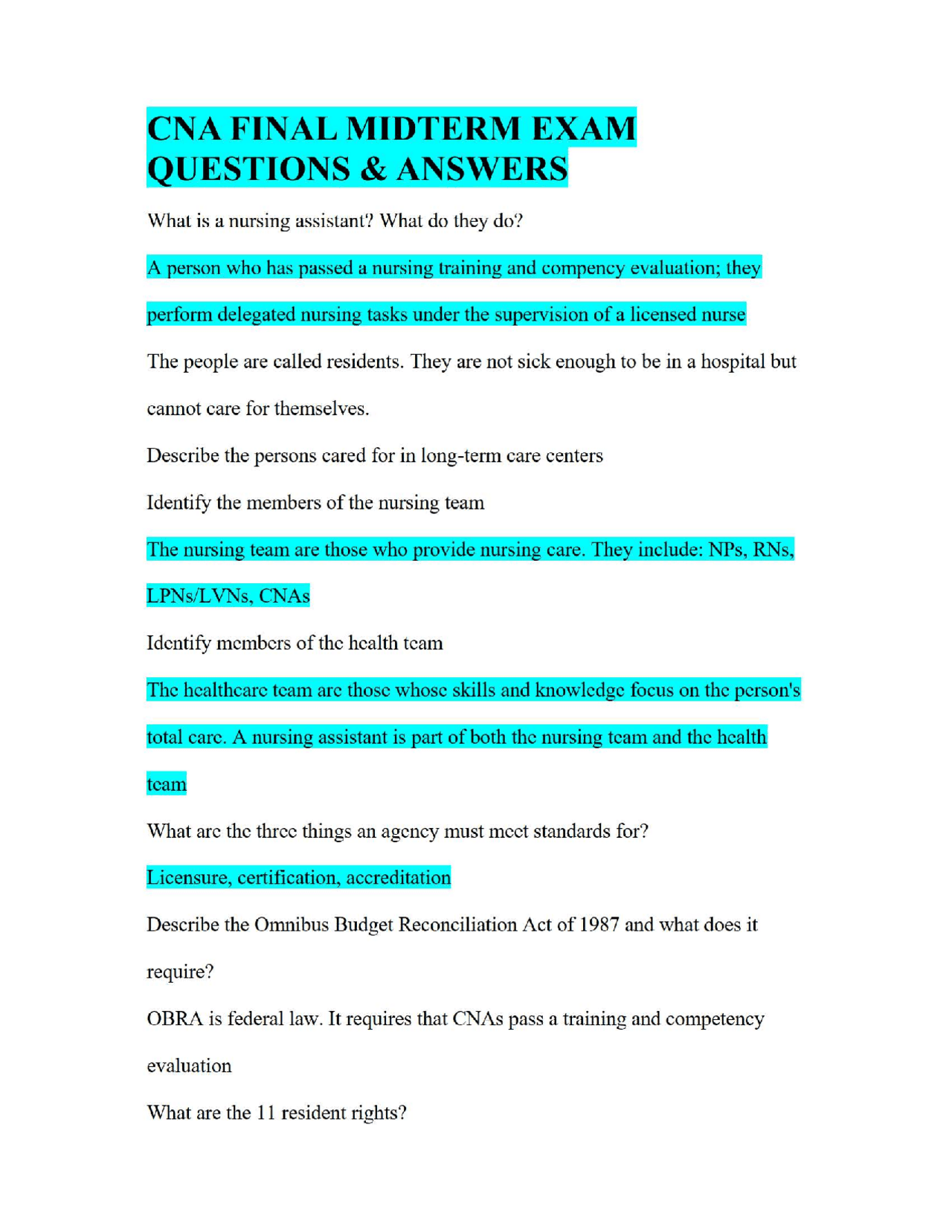 CNA FINAL MIDTERM EXAM QUESTIONS & ANSWERS | Exams Nursing | Docsity