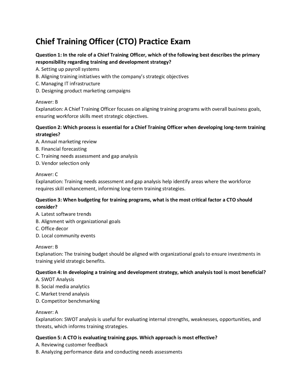 Chief Training Officer (CTO) Exam | Exams Technology | Docsity