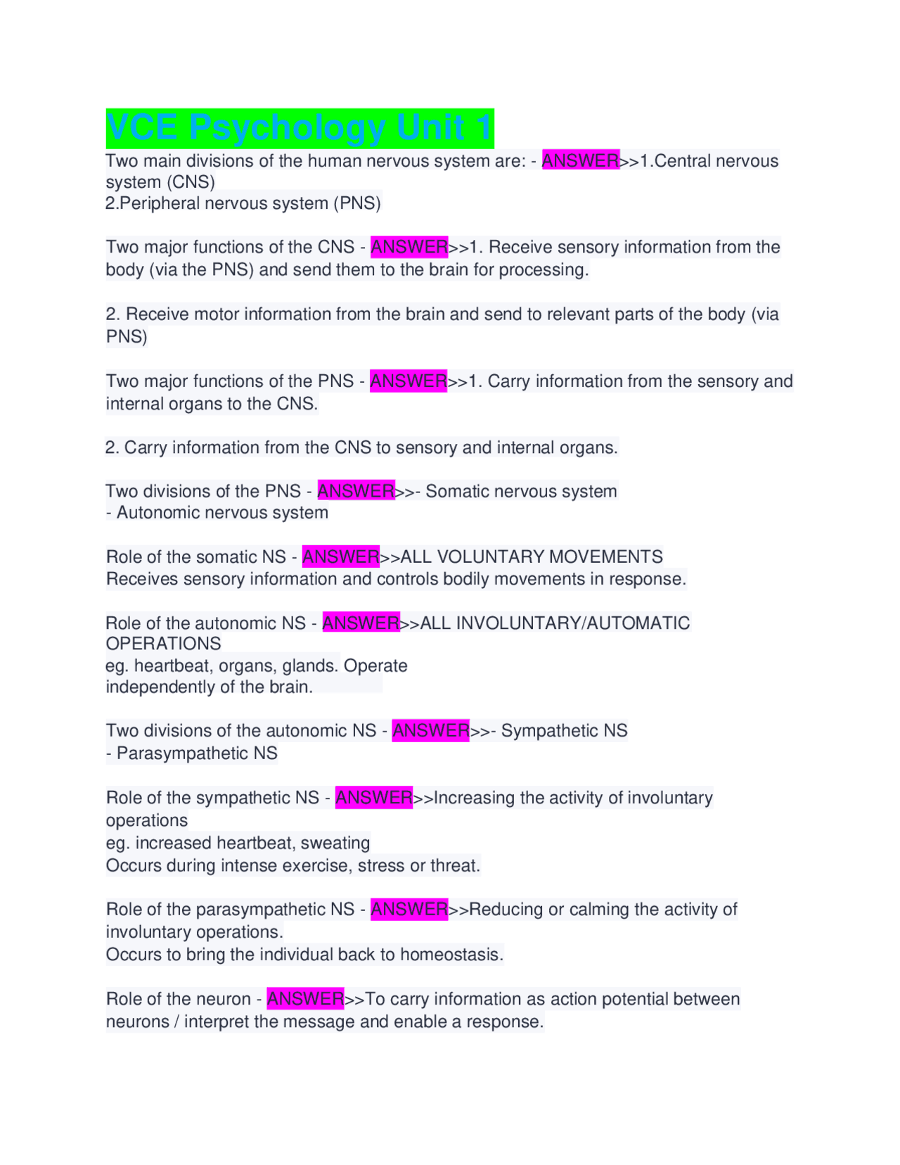 VCE Psychology Unit 1 2025 EXAMINATION | Exams Neuroscience | Docsity