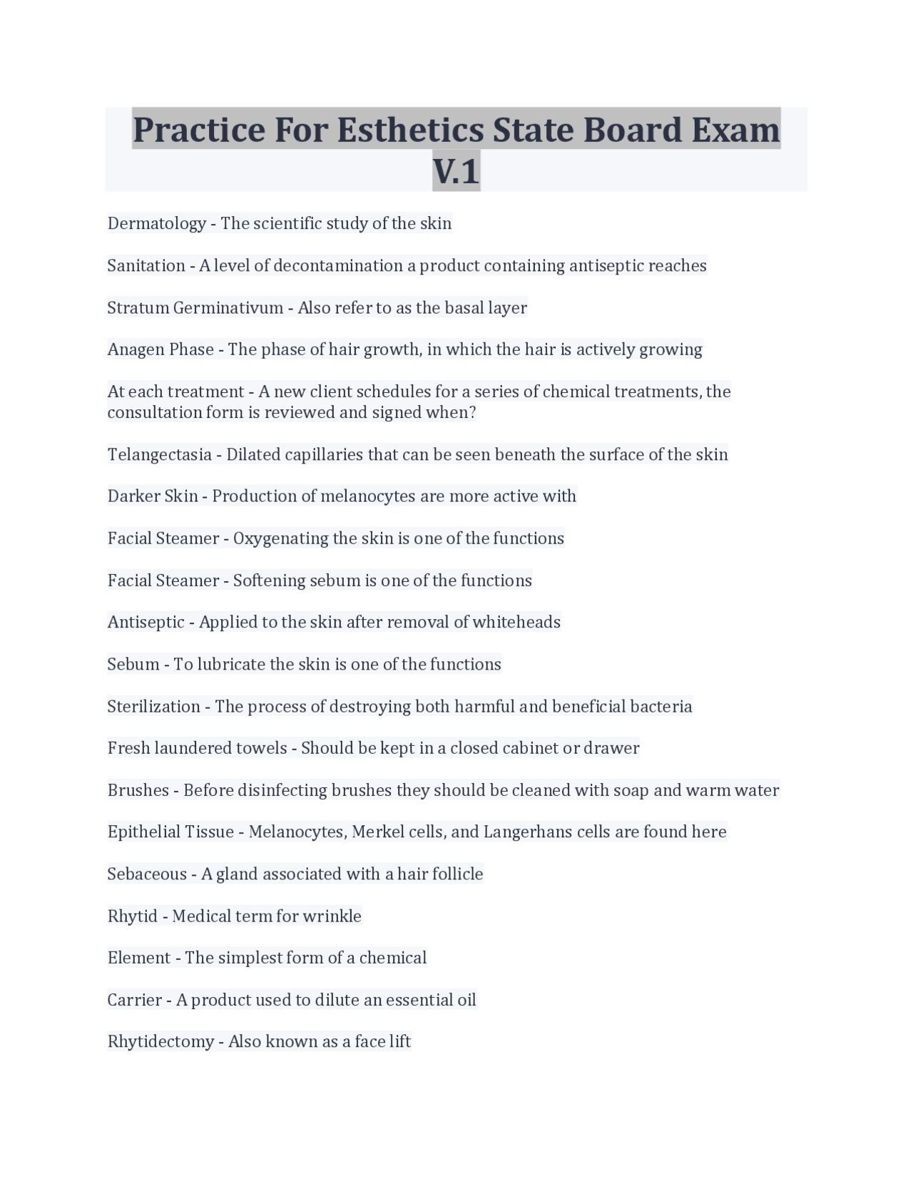 Esthetics State Board Practice Exam V.1 | Exams Advanced Education ...