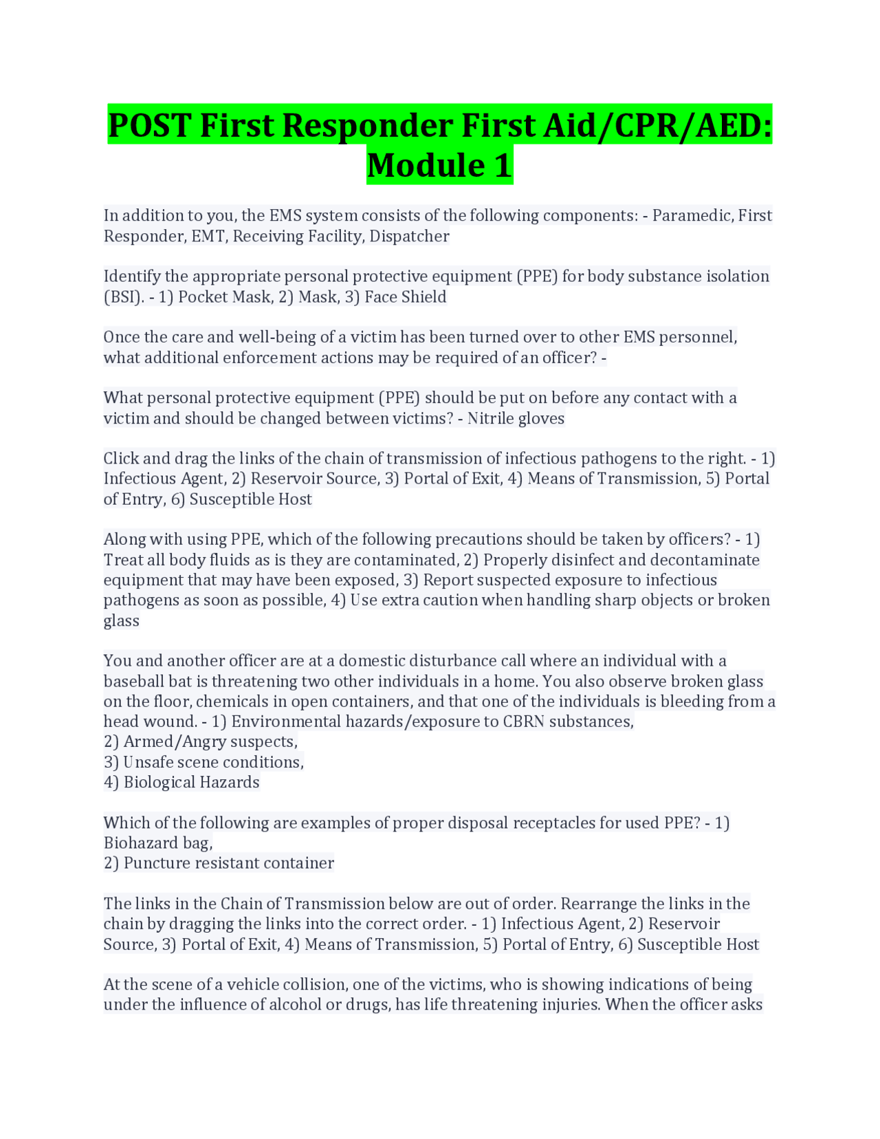 POST First Responder First Aid/CPR/AED: Module 1 | Exams Advanced ...