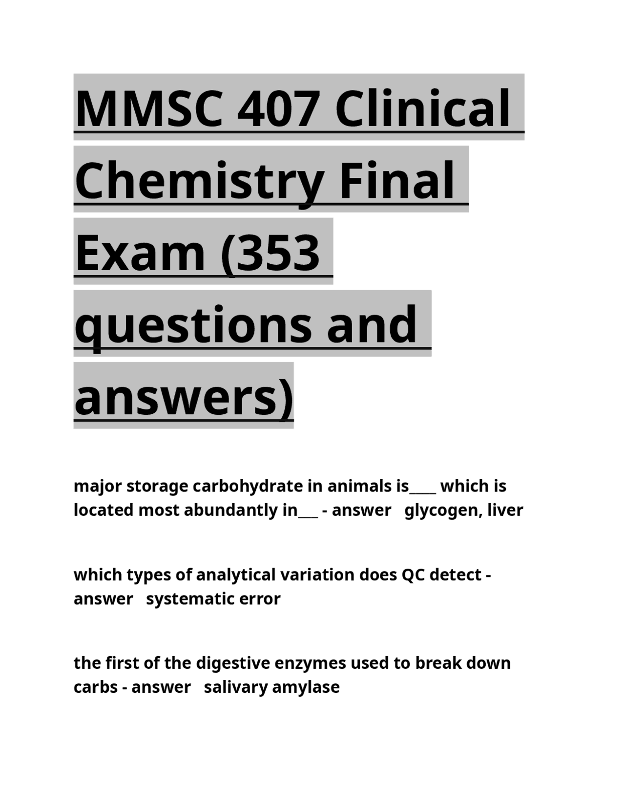 MMSC 407 Clinical Chemistry Final Exam (353 questions and answers).docx ...