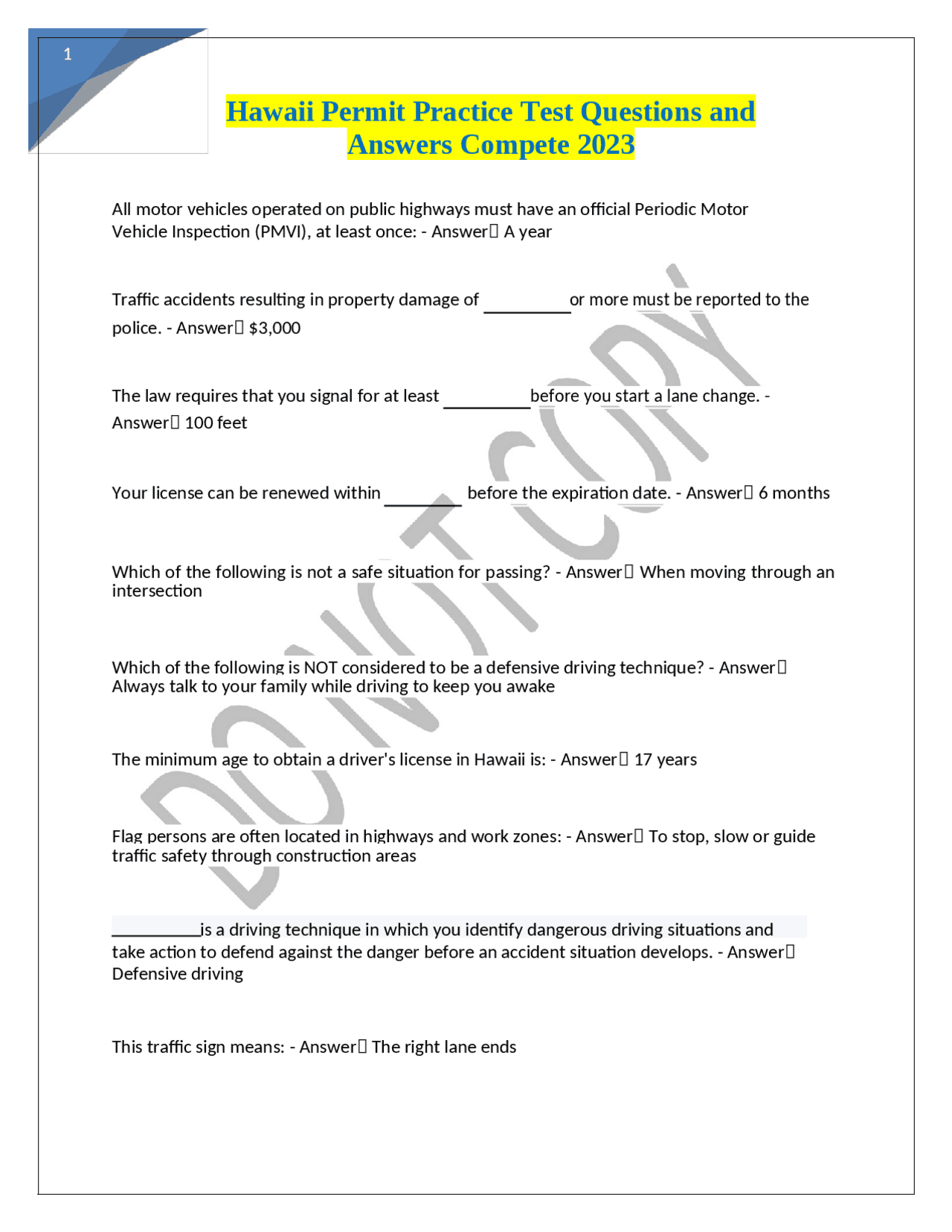 Hawaii Permit Practice Test Questions and Answers | Exams Nursing | Docsity