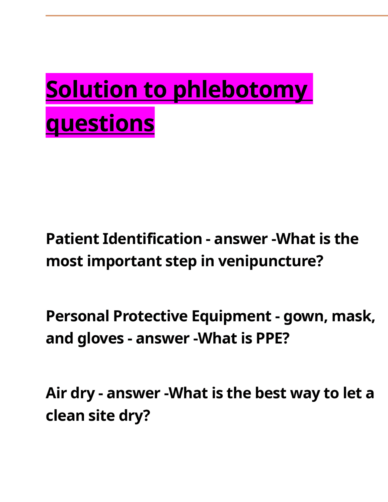 Solution to phlebotomy questions.docx | Exams Nursing | Docsity